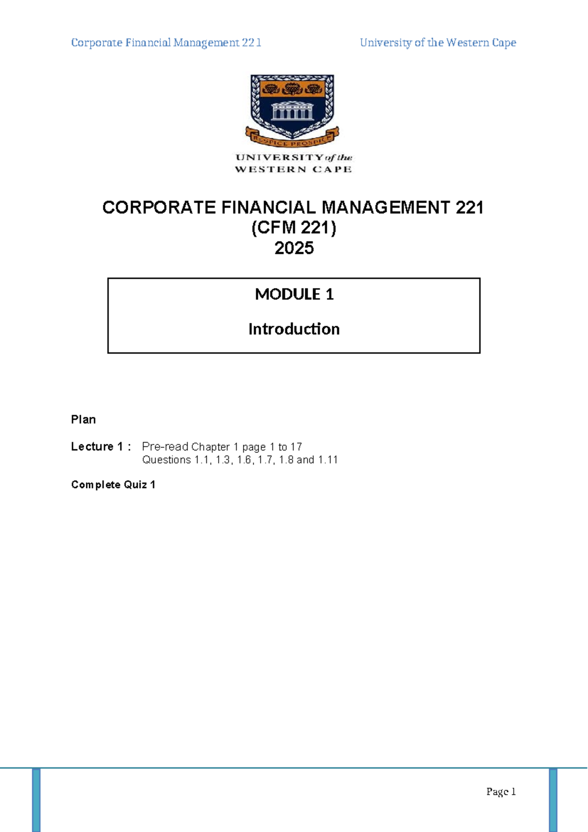 CFM 221 Corporate Financial Management Lecture 1 Overview and Key ...