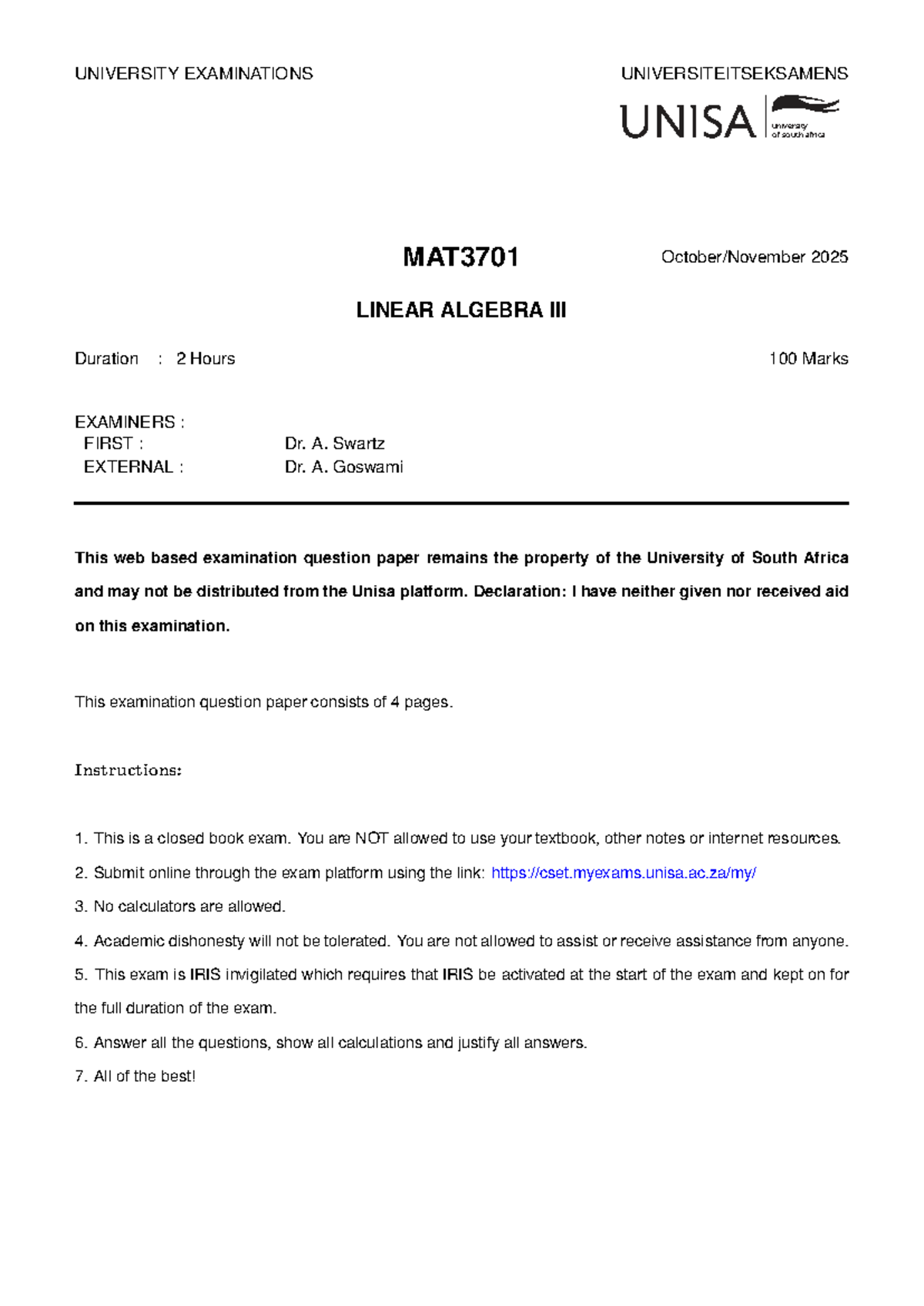 MAT3701 Final Exam: Linear Algebra October/November 2025 - Studocu