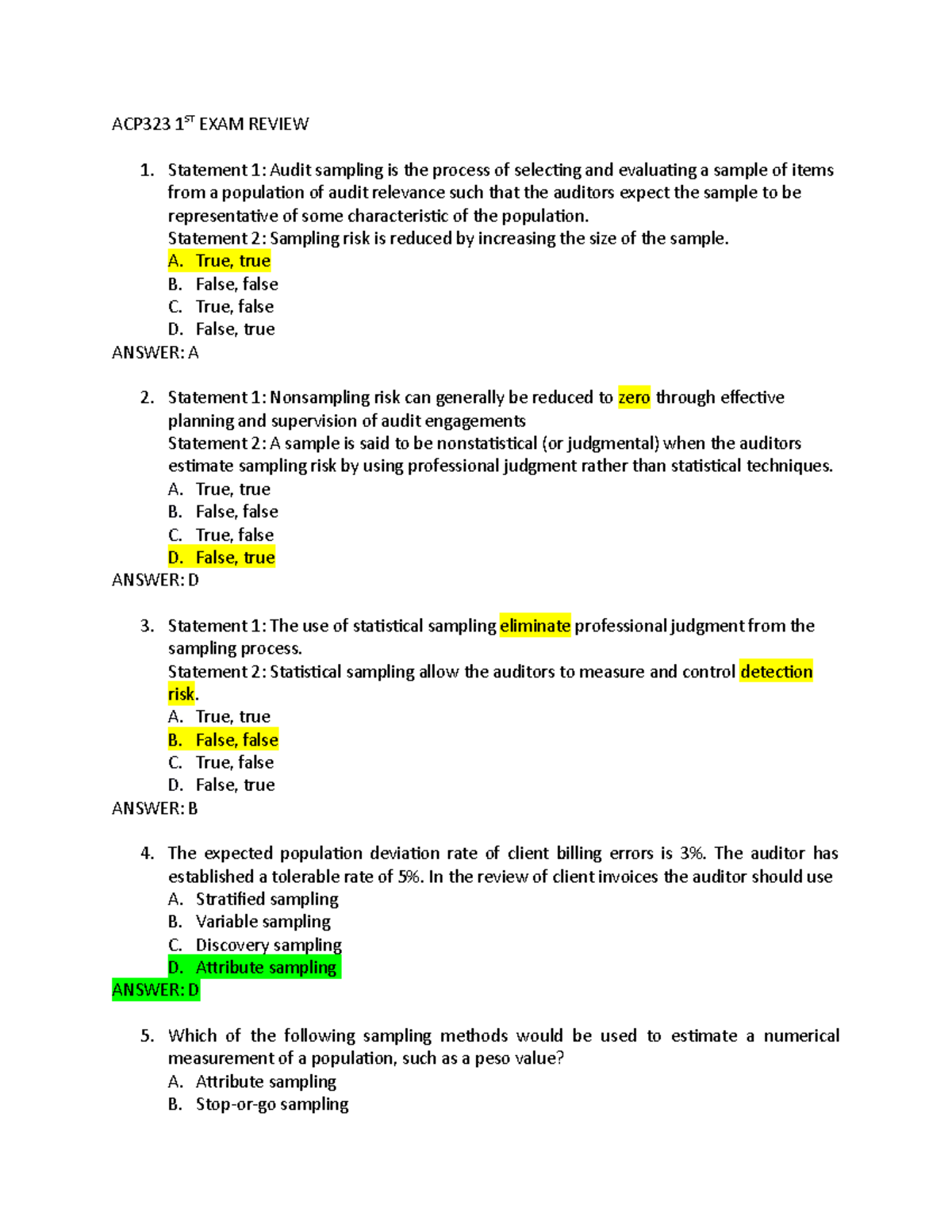 ACP323 1ST EXAM REVIEW: Key Answers and Summaries for Audit Concepts ...
