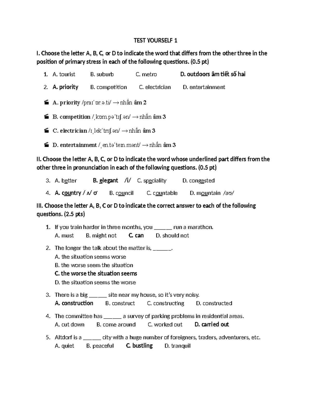 TEST YOURSELF 1 - Vocabulary and Grammar Practice - Studocu
