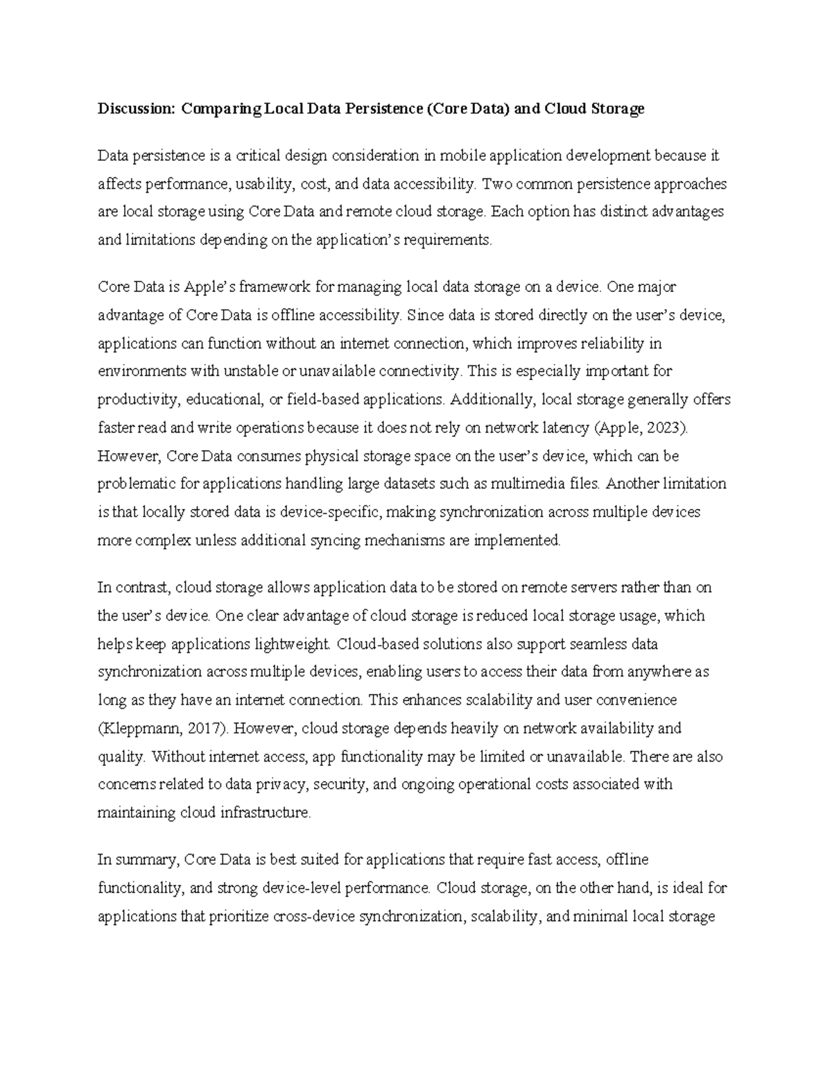 CS 4405 Discussion 7: Local vs Cloud Data Persistence in Mobile Apps ...