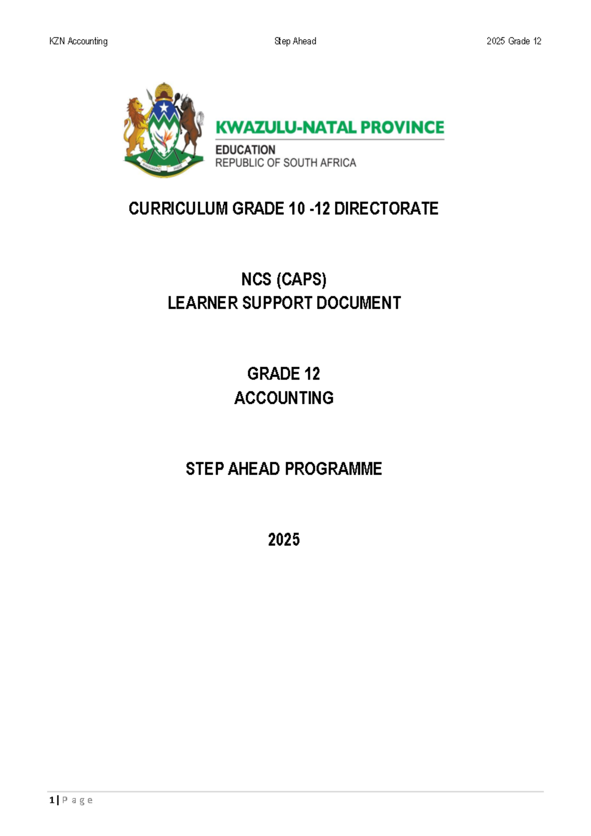 KZN Accounting Step Ahead 2025 Grade 12 Curriculum Support Document - Studocu