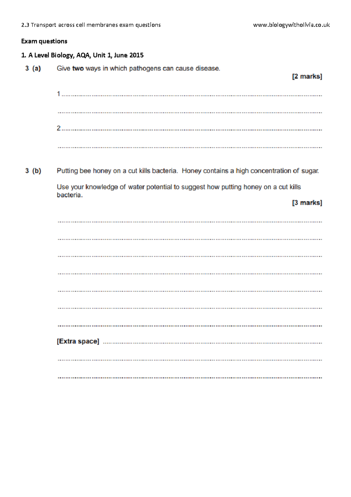 AQA A Level Biology Unit 1: 2.3 Cell Membrane Transport Exam Qs - Studocu