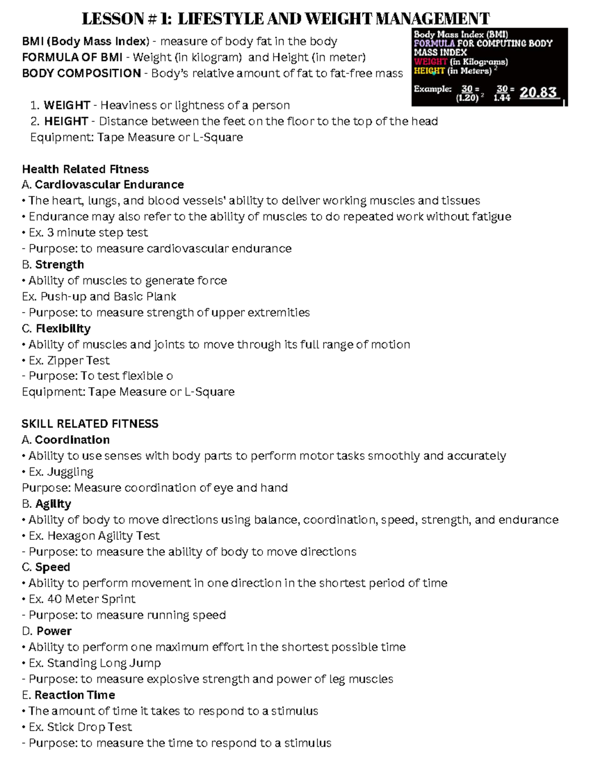 PE3 - Lesson 1: Lifestyle, Weight Management & Dance Fundamentals - Studocu