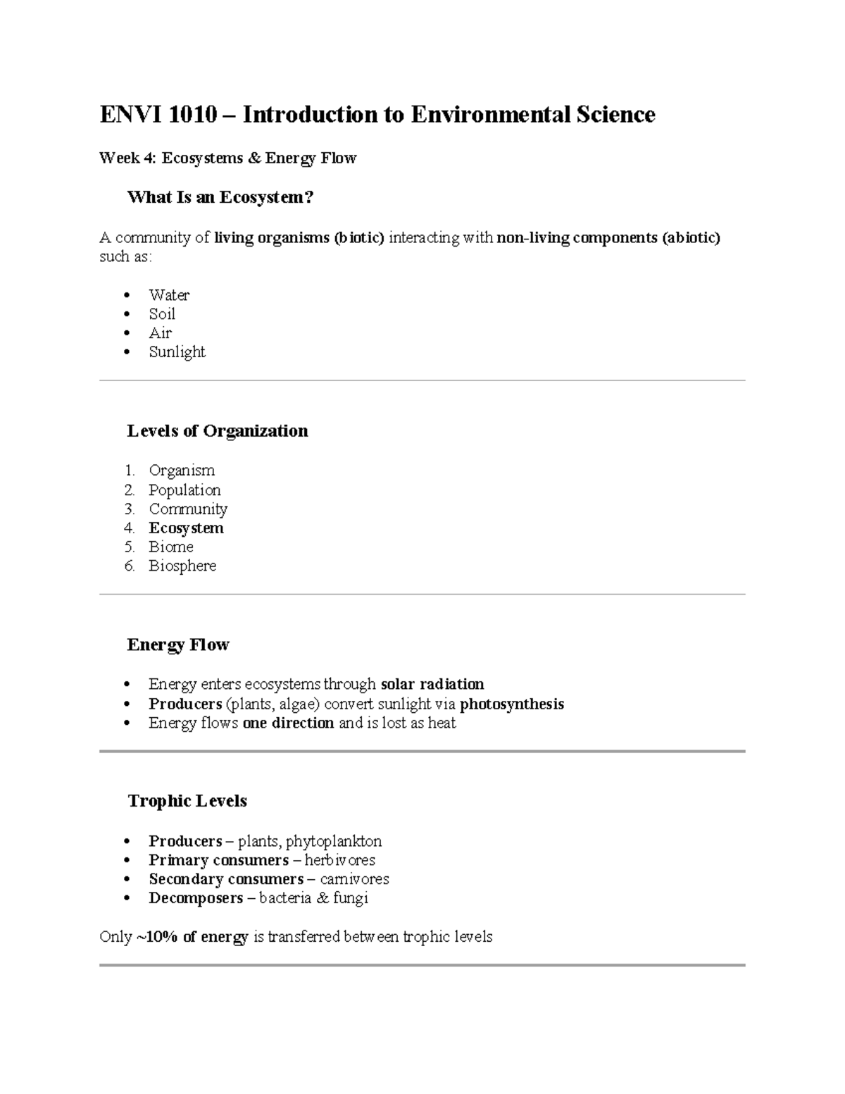 ENVI 1010 Lecture Notes: Ecosystems & Energy Flow Overview - Studocu