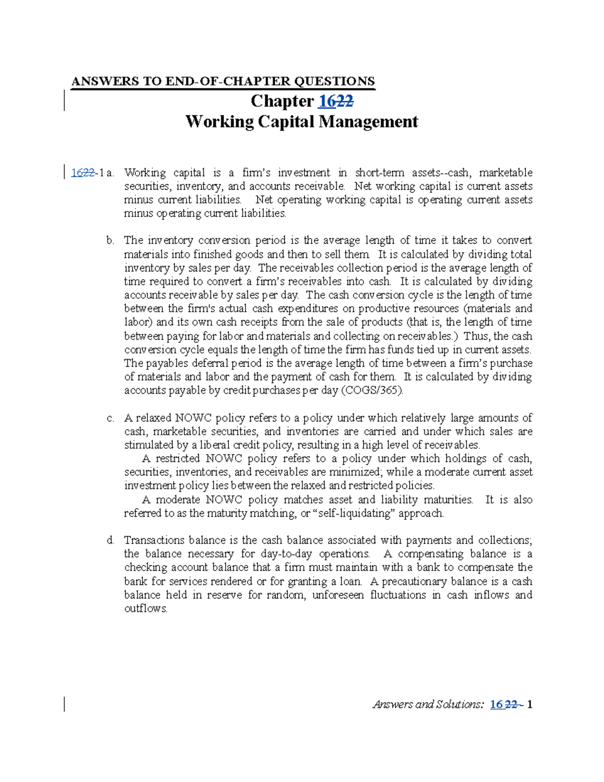 16 CF3 SM Ch16 - Chapter 1622 Working Capital Management 1622 -1a ...