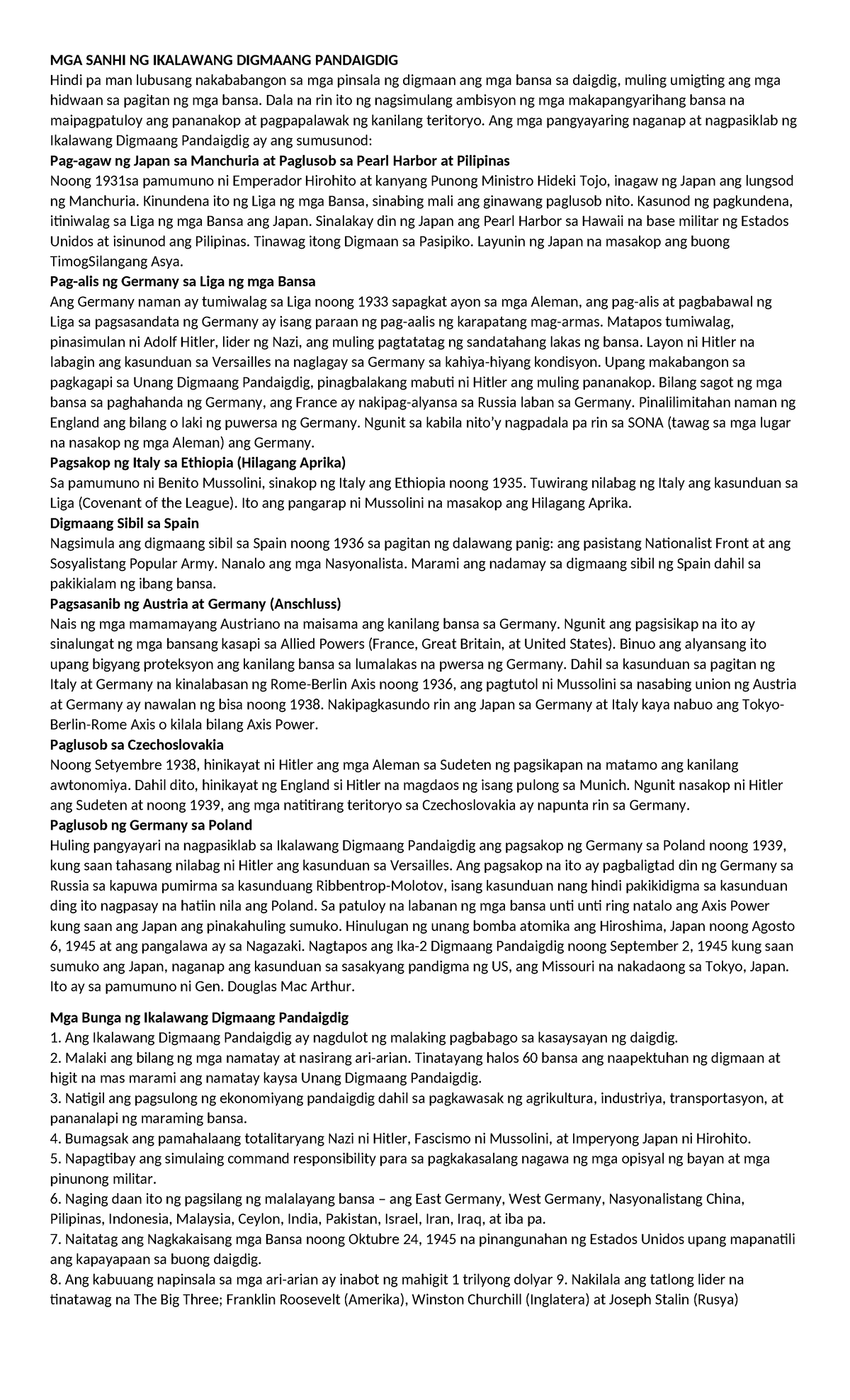 MGA SANHI AT BUNGA NG IKALAWANG DIGMAANG PANDAIGDIG (Aralpan) - Studocu