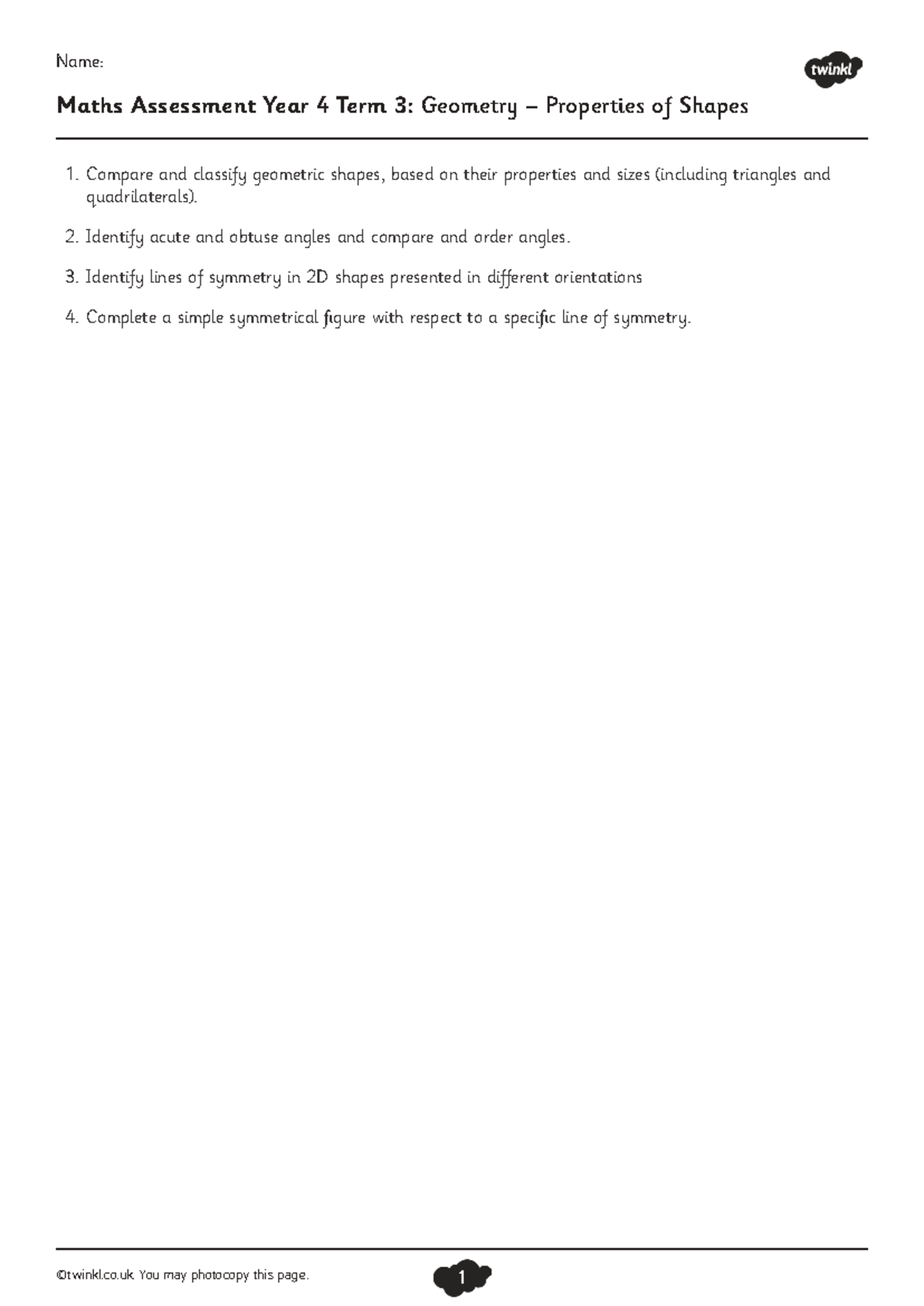 T2 M 1123 Year 4 Maths Assessment: Geometry Properties of Shapes - Studocu