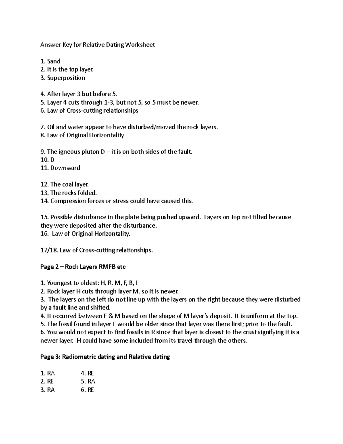Answer Key for Relative Dating Worksheet - Answer Key for Relative ...