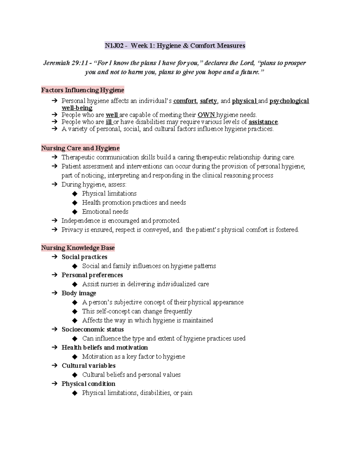 1J02 - Week 1: Nursing Hygiene & Comfort Measures Notes - Studocu