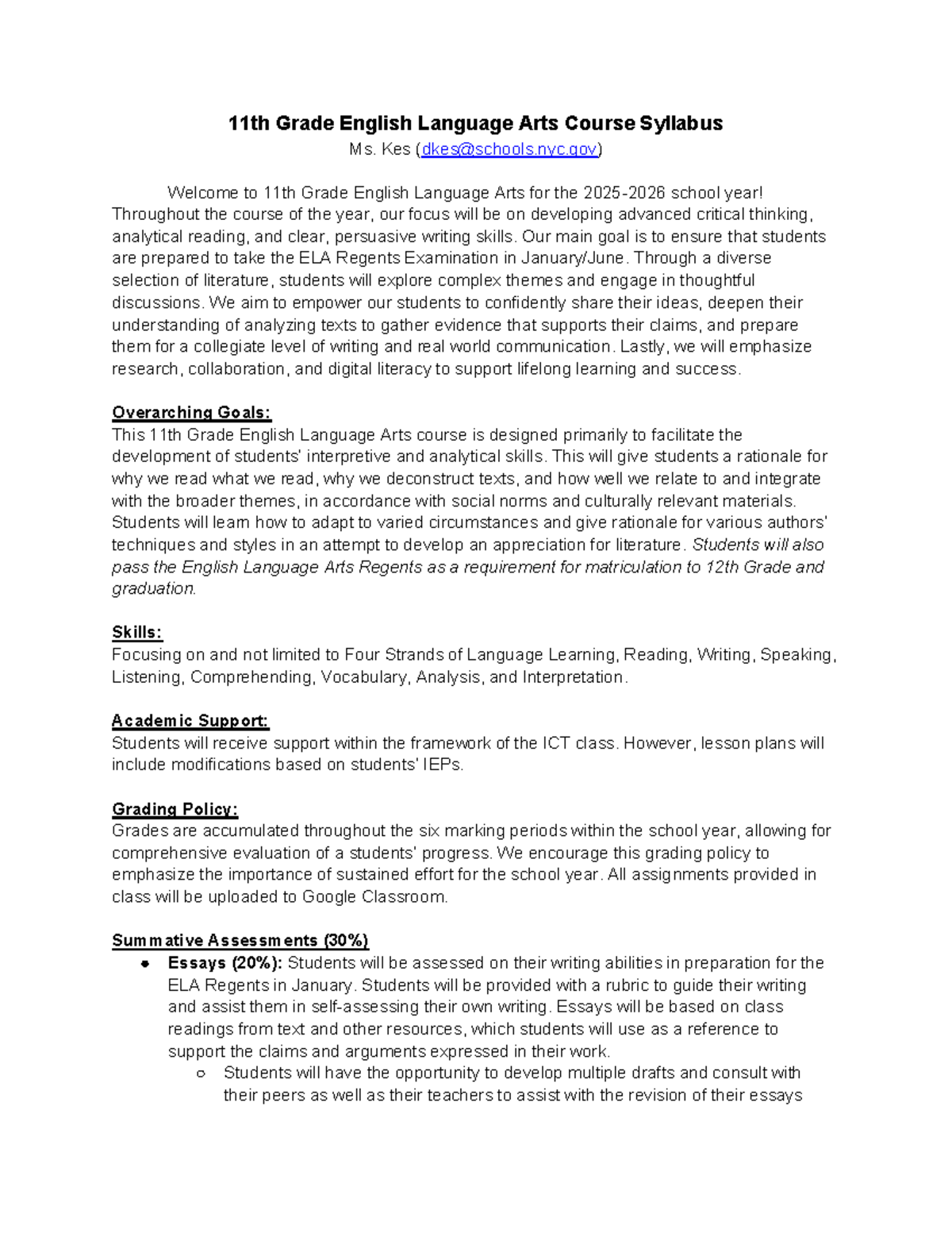 11th Grade ELA Course Syllabus: Skills & Assessments Overview - Studocu