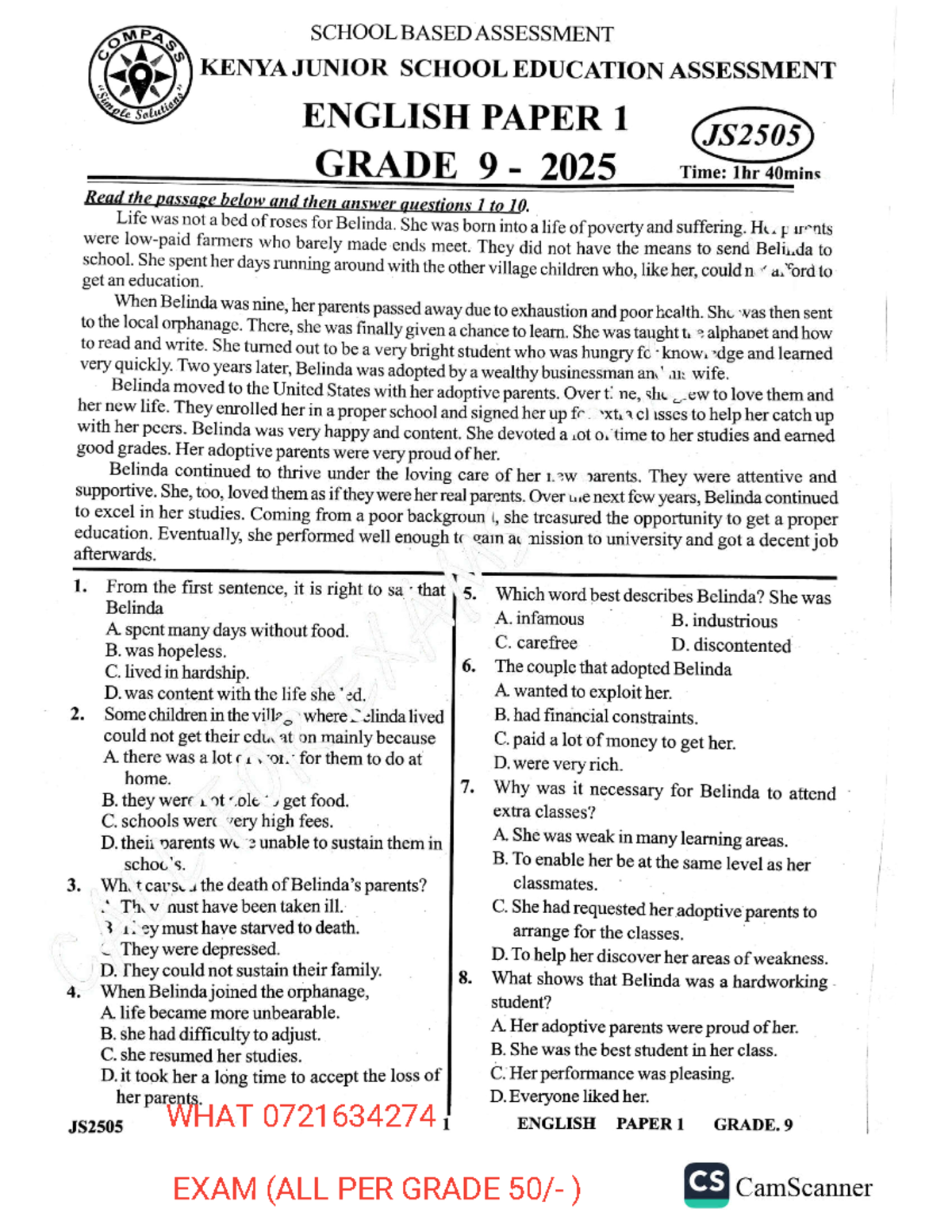 JS2505 ENGLISH PAPER 1 & 2 GRADE 9 KENYA JUNIOR SCHOOL ASSESSMENT 2025 ...