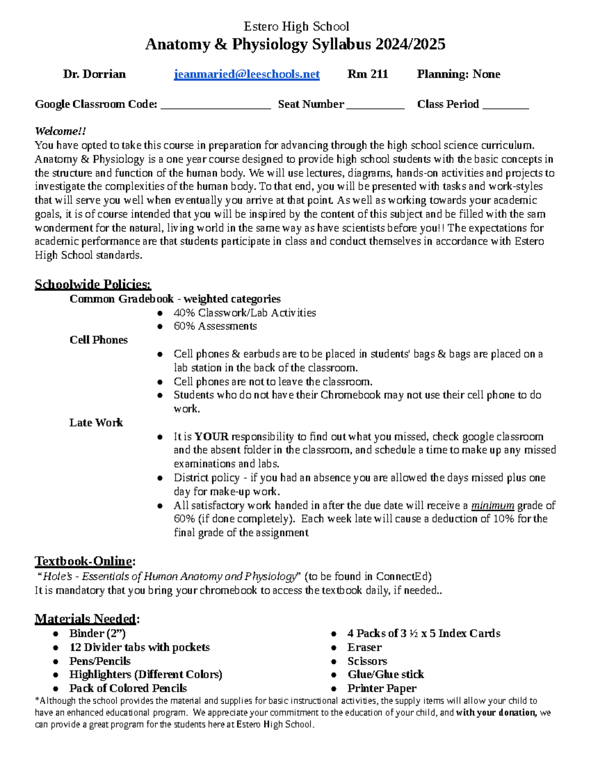 Anatomy Syllabus 24 25 - Google Docs - Estero High School Anatomy ...