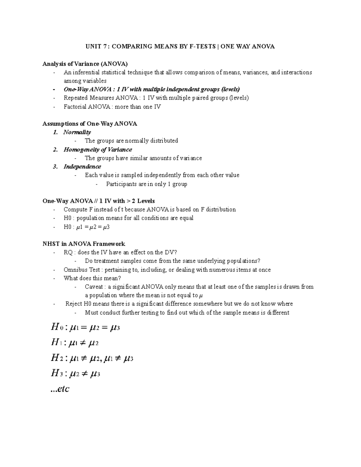 Psych 240 Unit 7 Lecture Notes - UNIT 7 : COMPARING MEANS BY F-TESTS ...