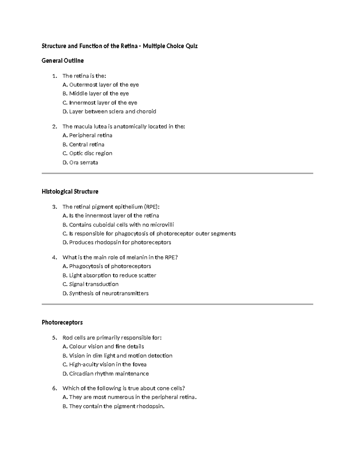 BIO 101: Structure and Function of the Retina - Multiple Choice Quiz ...