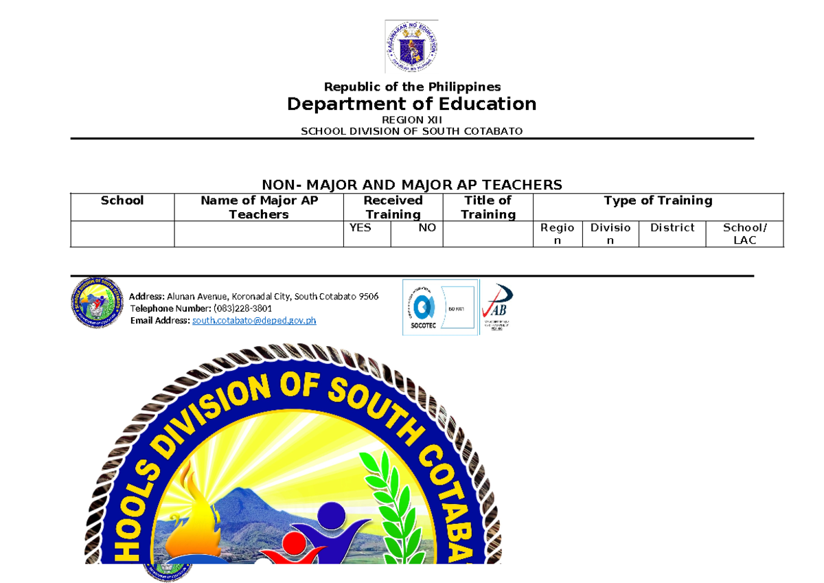 AP Major and Non Major JHS and SHS - Department of Education REGION XII ...