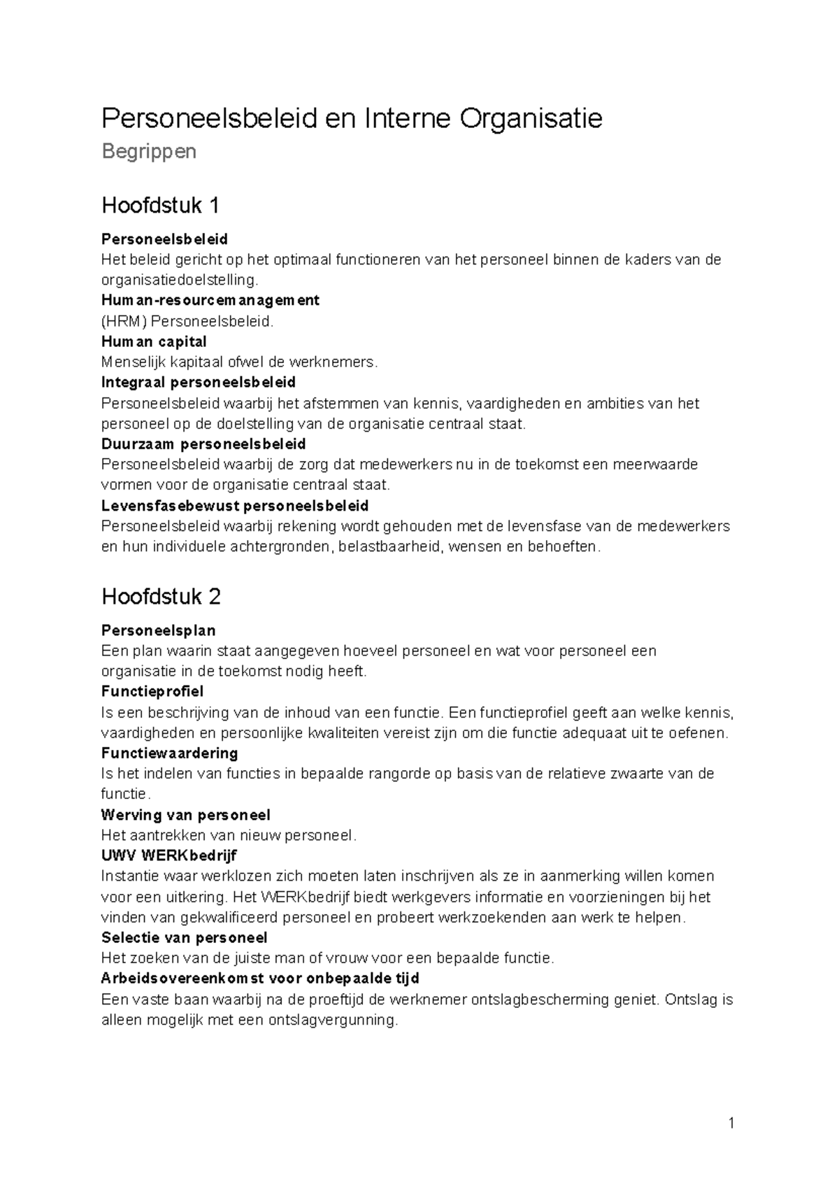 Begrippenlijst - Personeelsbeleid en Interne Organisatie (HRO101 ...