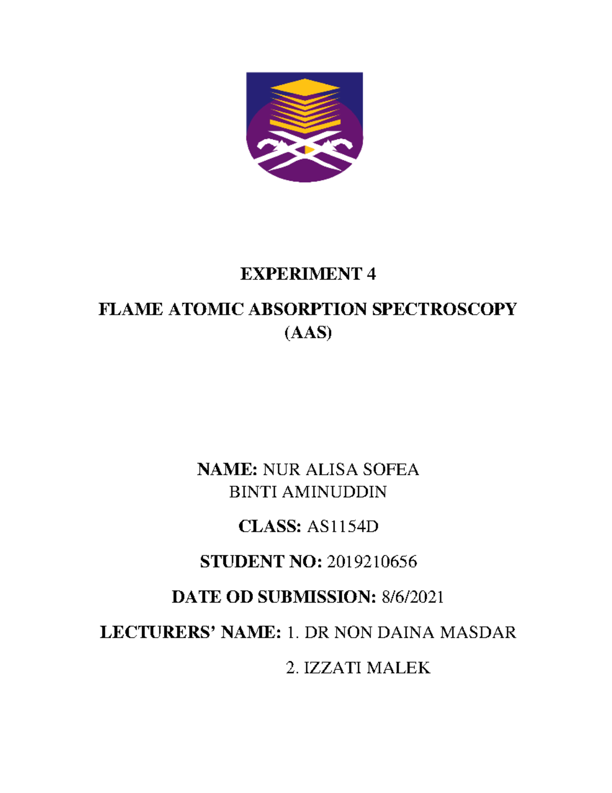 CHM260 Lab 4: Flame Atomic Absorption Spectroscopy (AAS) Experiments ...