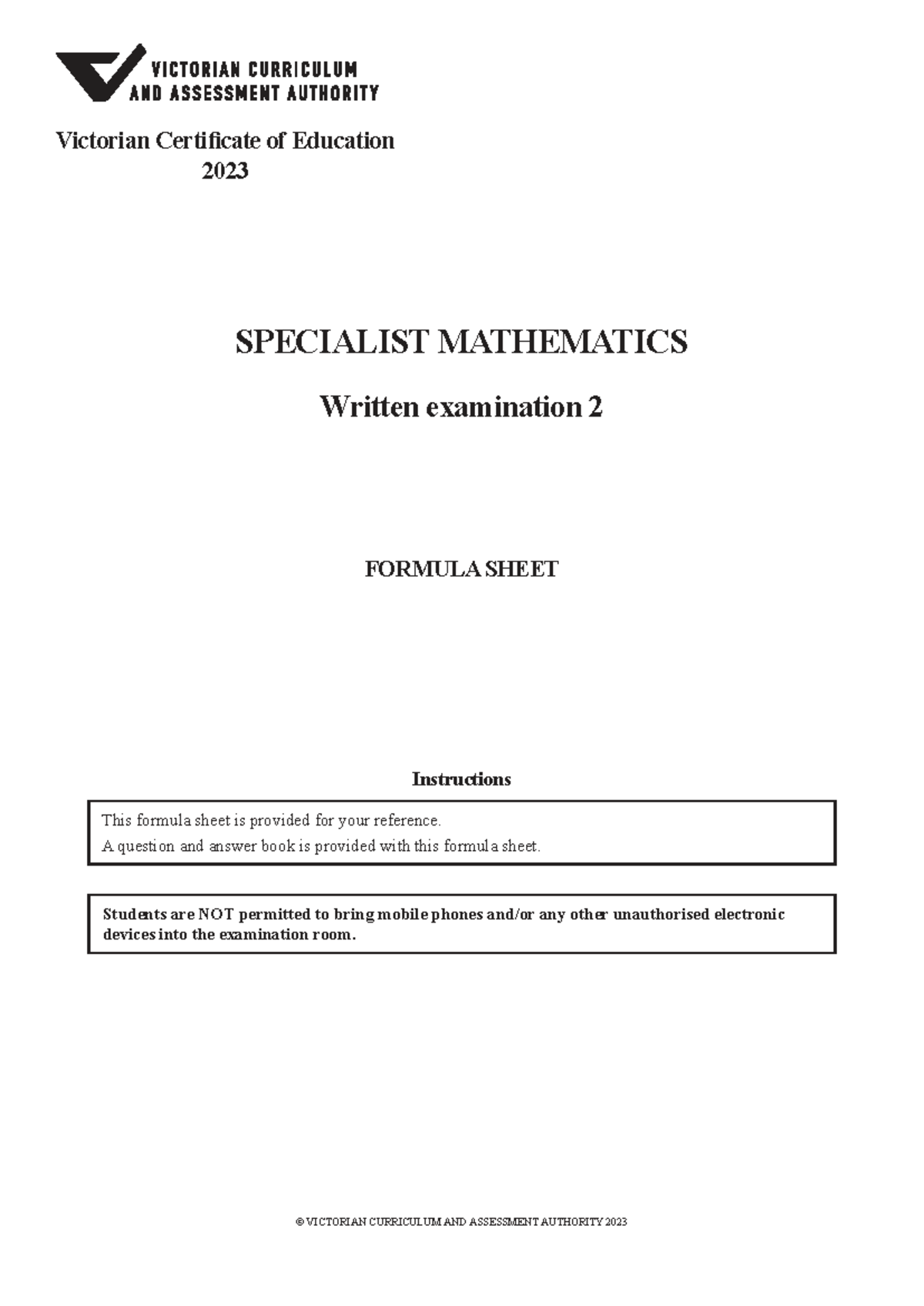 2023 VCE SPECIALIST MATHEMATICS Exam 2 Formula Sheet - Studocu