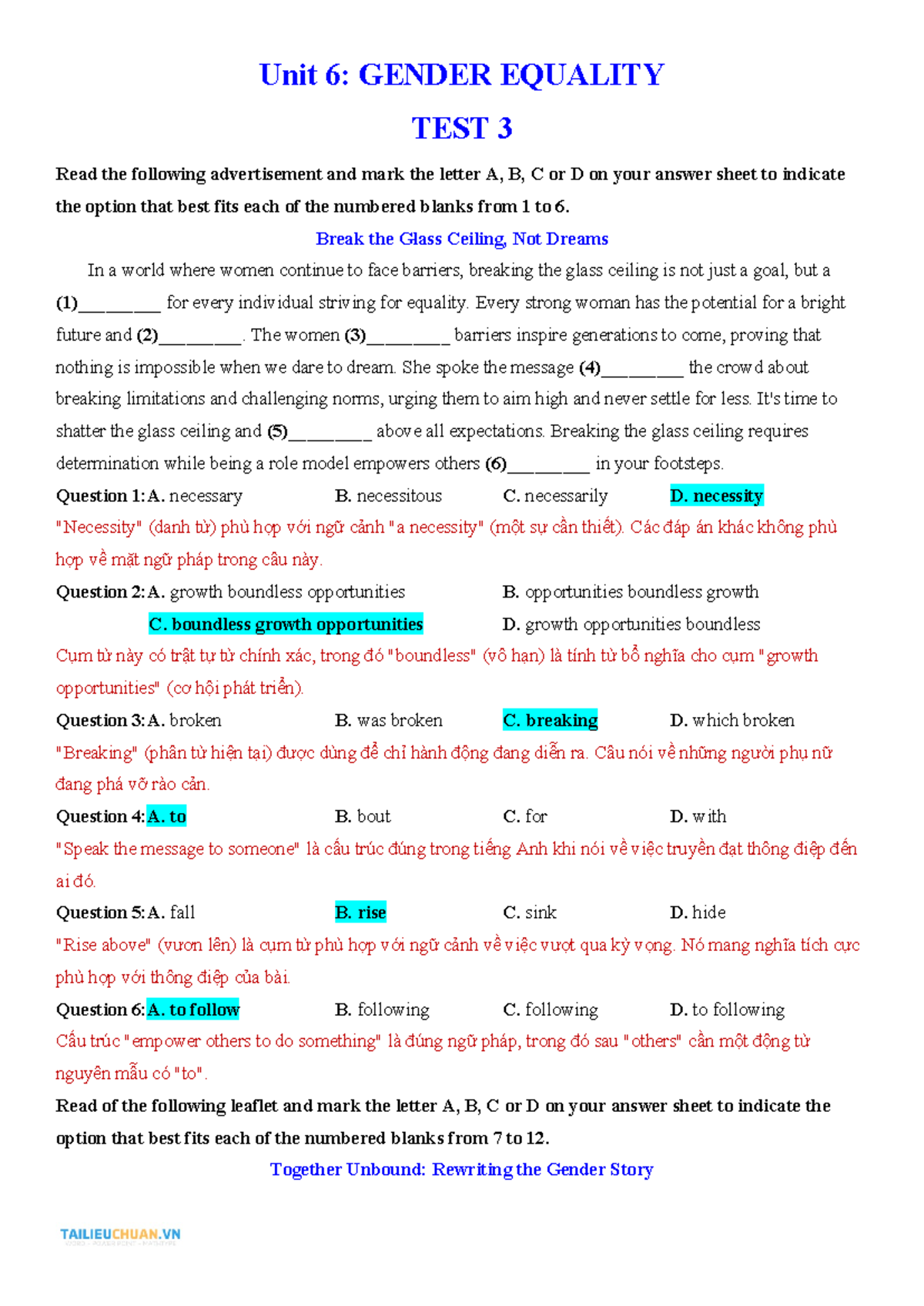 Unit 6: GENDER EQUALITY - Test 3 Key Insights and Answers - Studocu