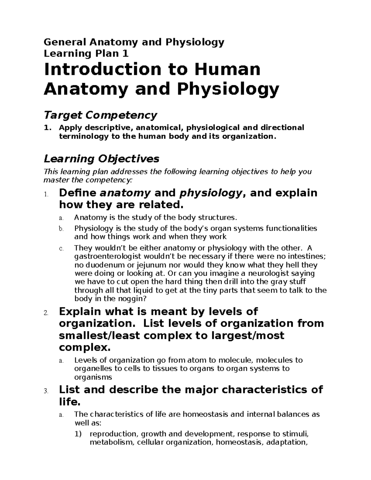 General Anatomy and Physiology Learning Plan 1: Homeostasis and ...