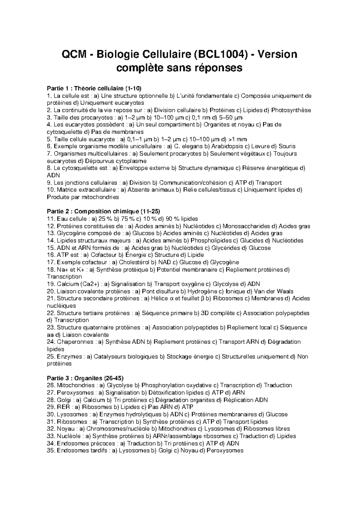 QCM Biologie Cellulaire (BCL1004) 100 Questions Complet - Studocu