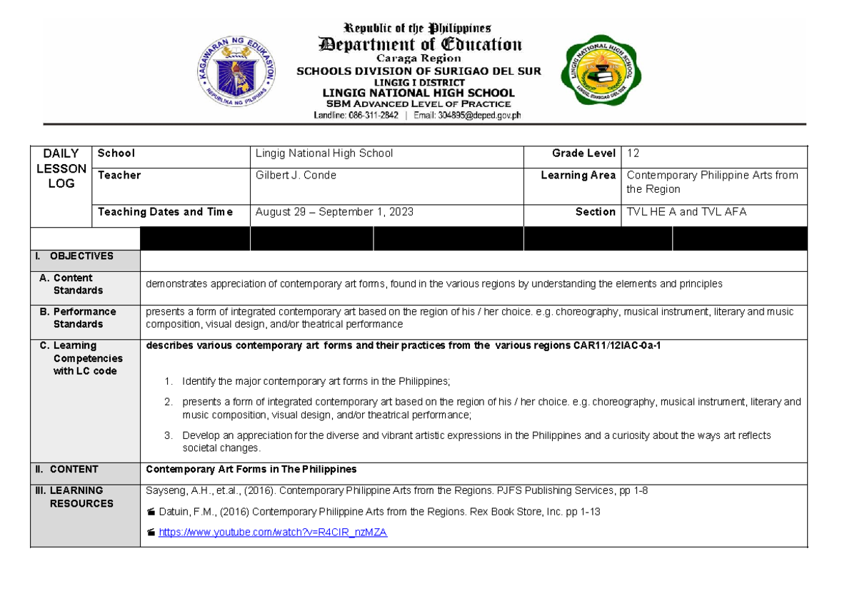 Week 1 Daily Lesson Log in Contemporary Philippine Arts (CPAR) - Studocu