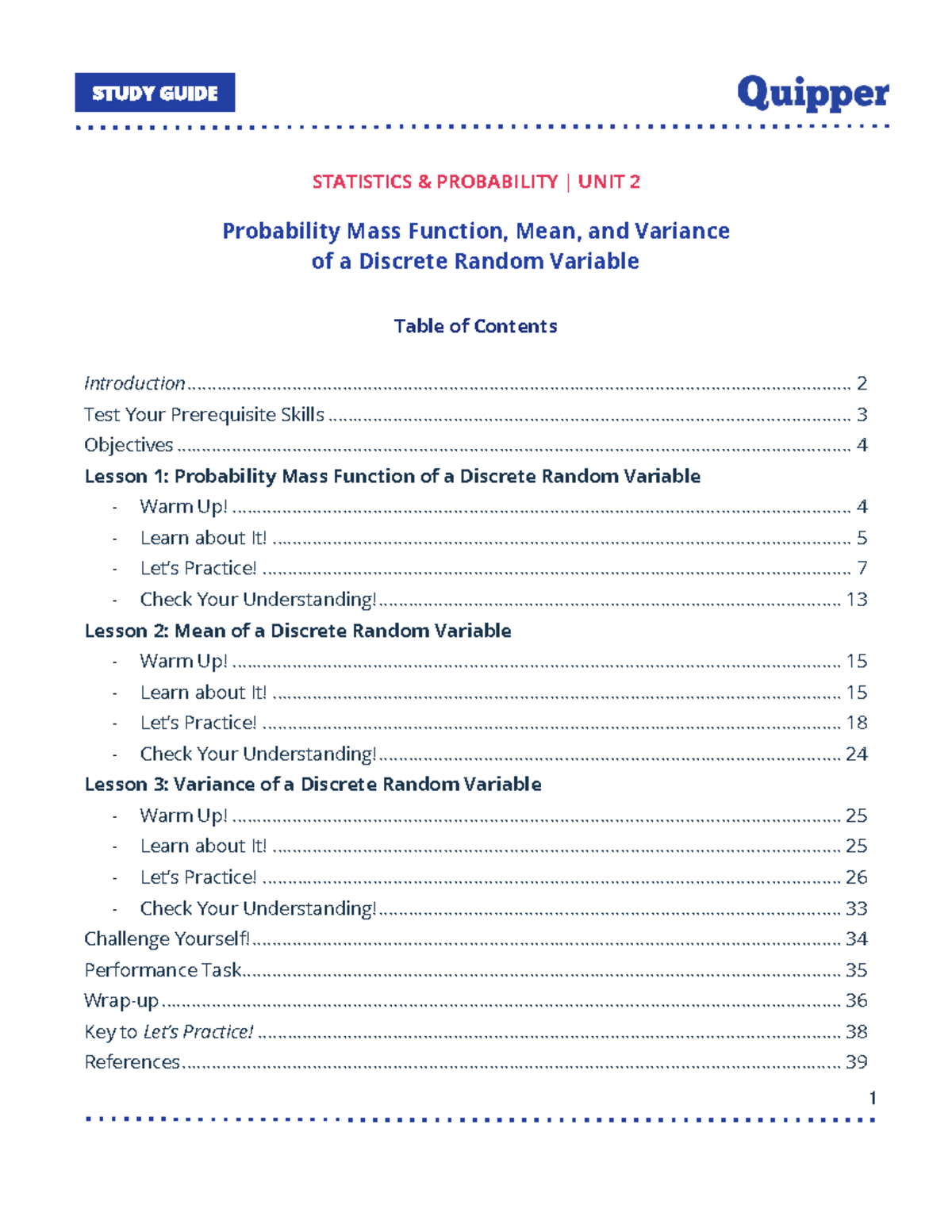 SP 02 FD-1 - STUDY GUIDE: Probability Mass Function, Mean & Variance ...