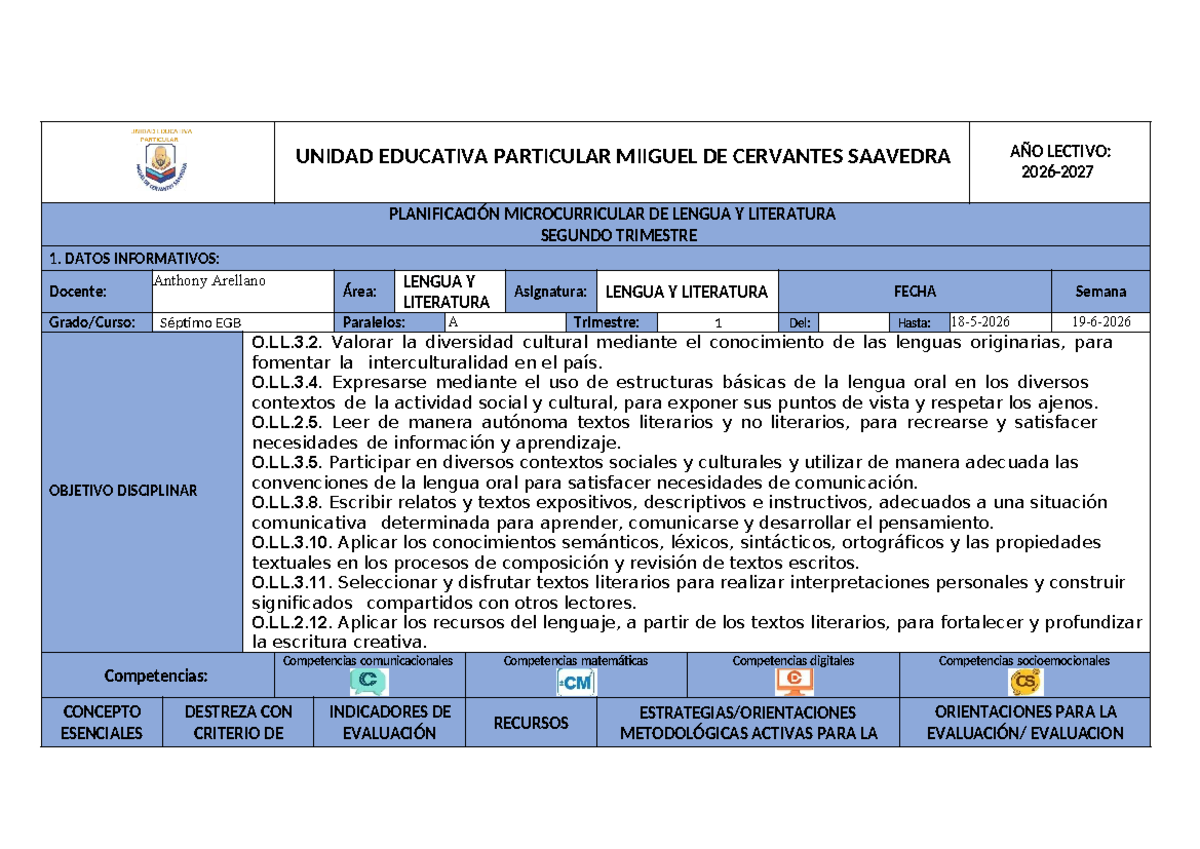 Planificación Microcurricular Lengua y Literatura 7mo EGB - 2do ...
