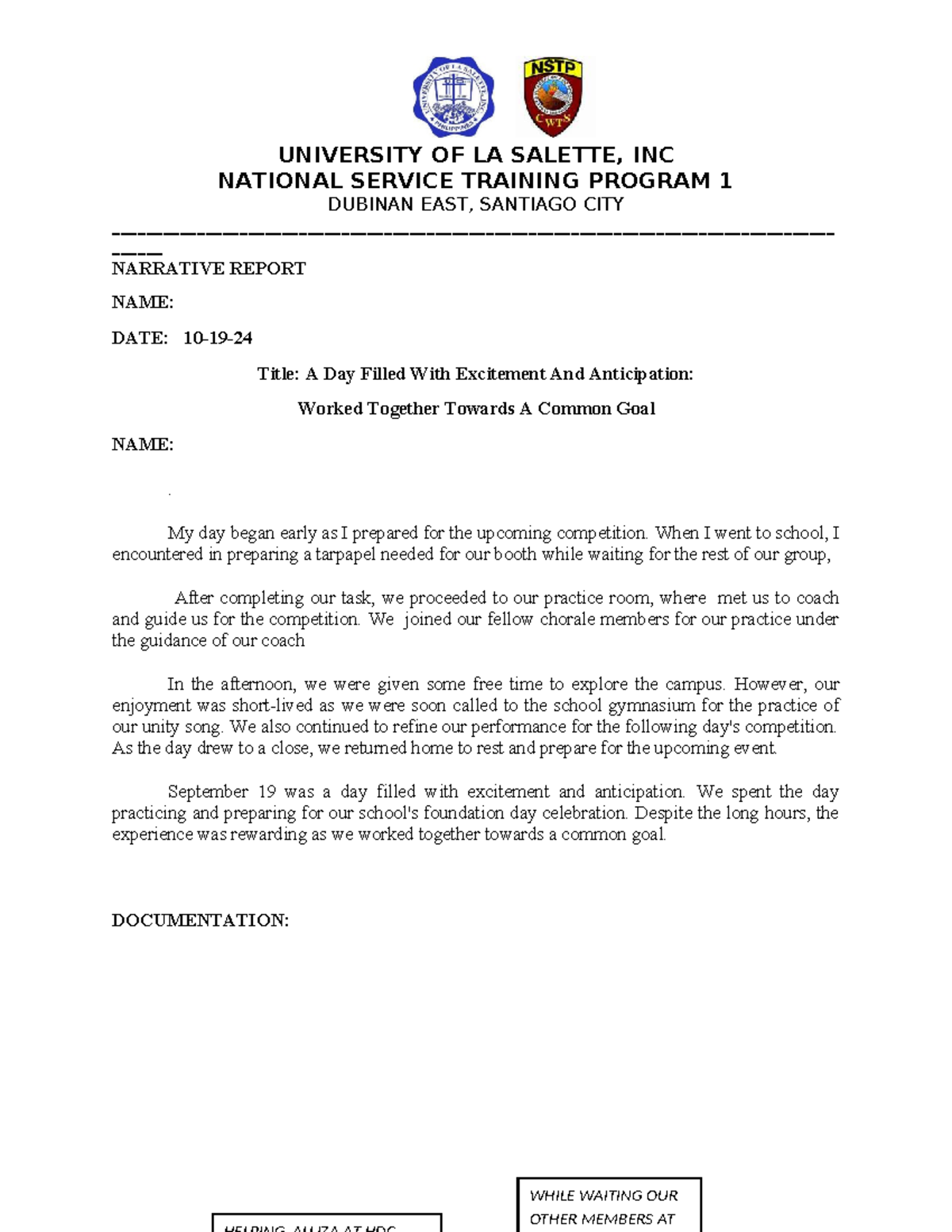 NSTP 1 Narrative Report: A Day of Excitement & Teamwork - Studocu