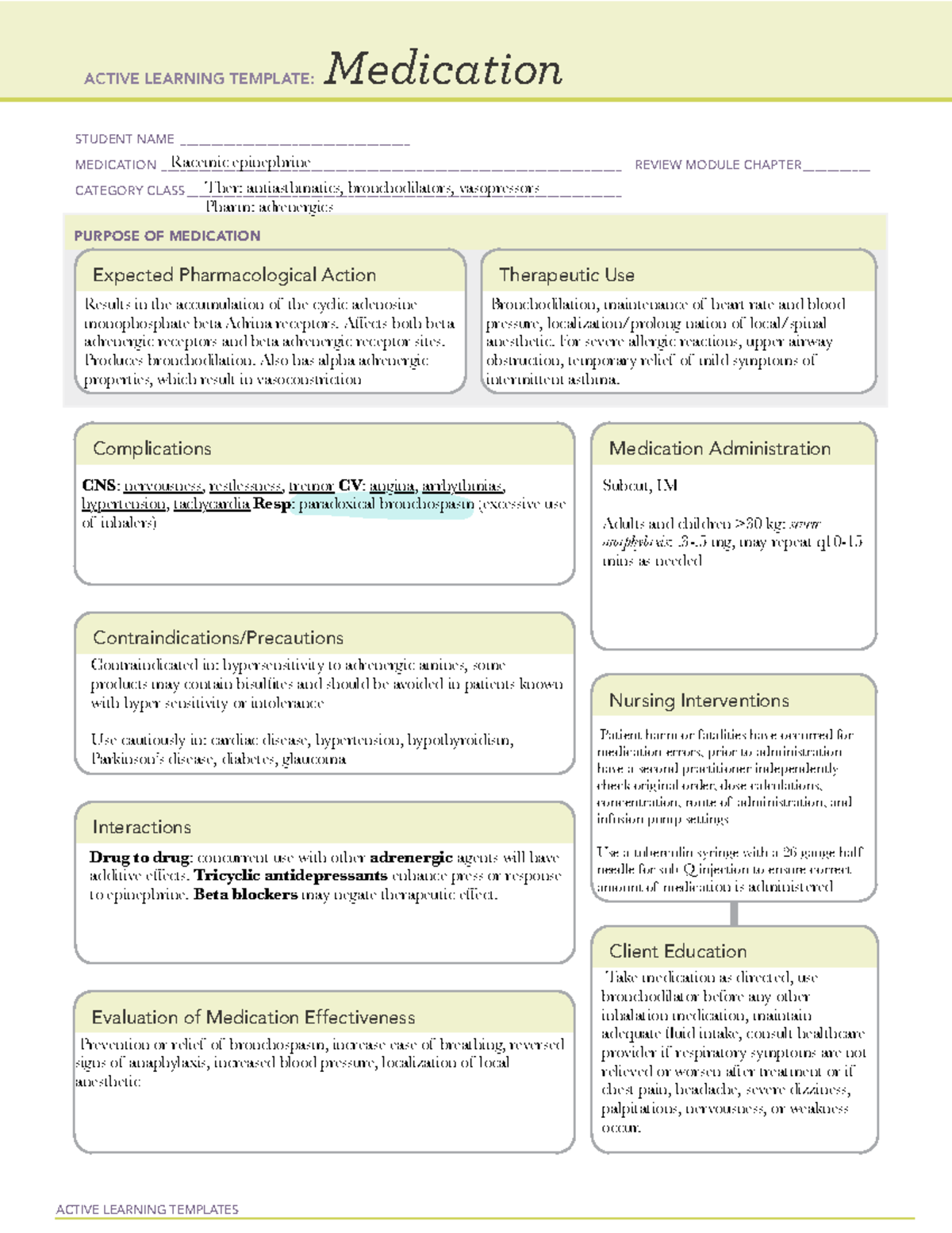 Racemic Epinephrine: ATI Active Learning Template Outline - Studocu