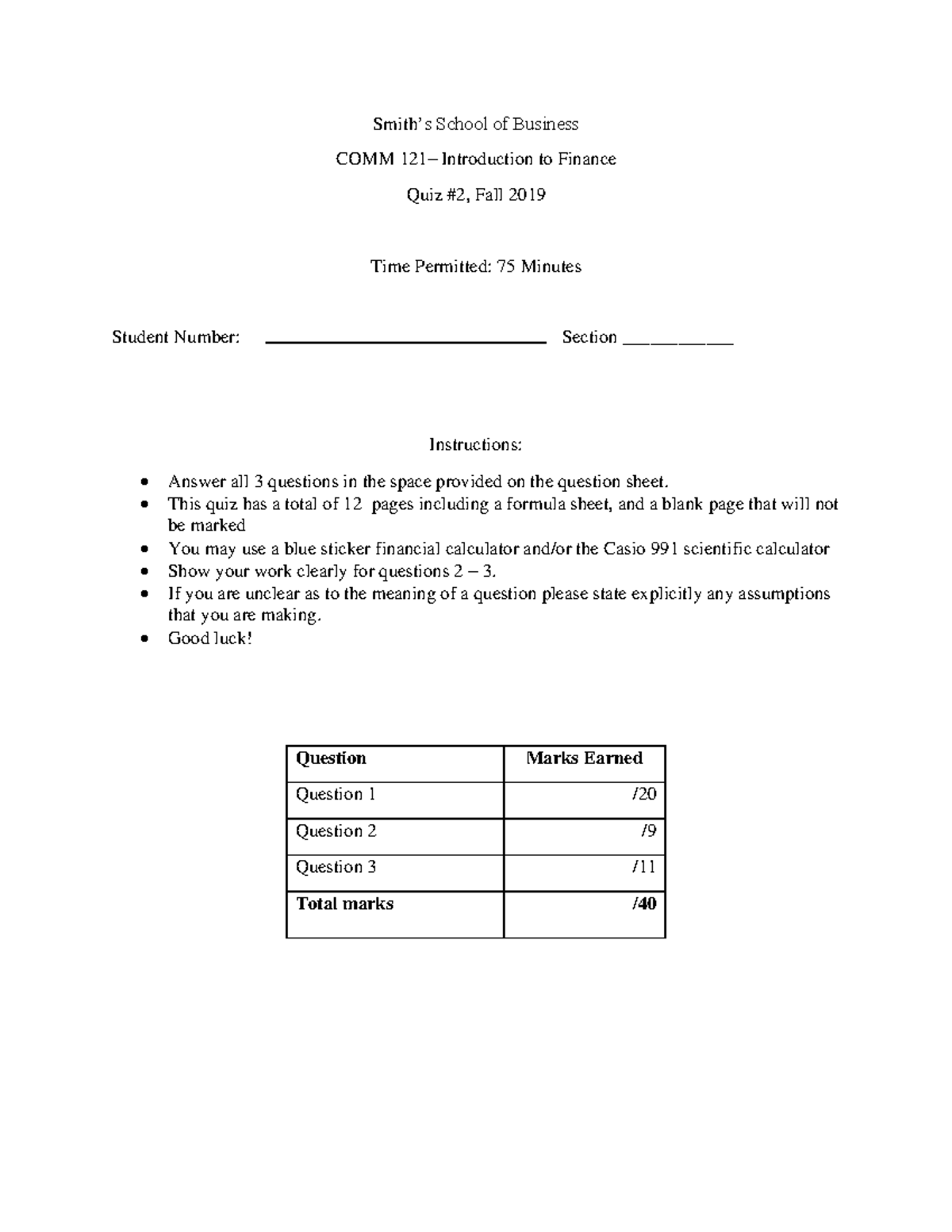 COMM 121 Financial Management 1 Fall 2019 Quiz 2 Solutions - Studocu
