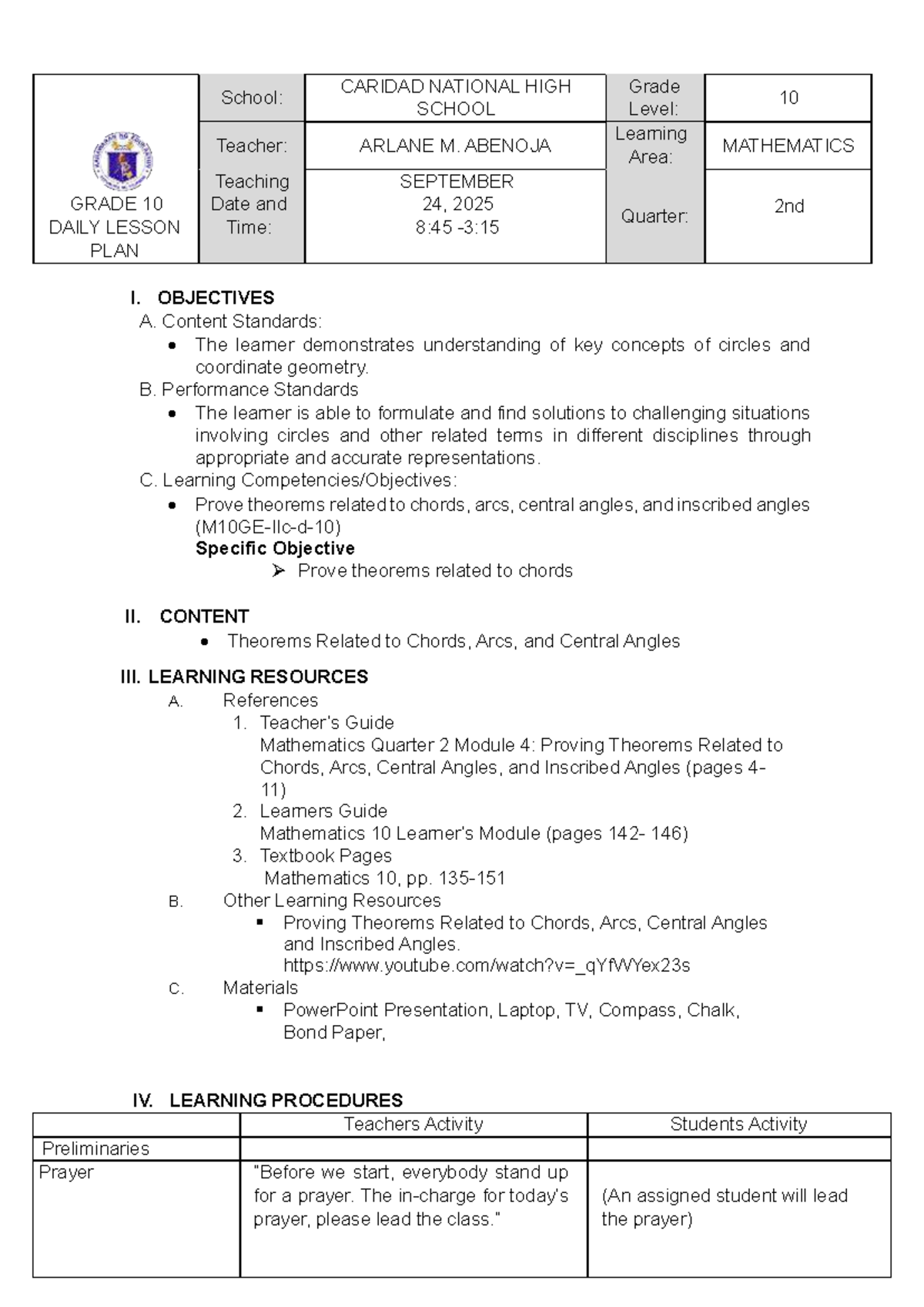 GRADE 10 MATHEMATICS 2nd QUARTER LESSON PLAN: CHORDS THEOREMS - Studocu