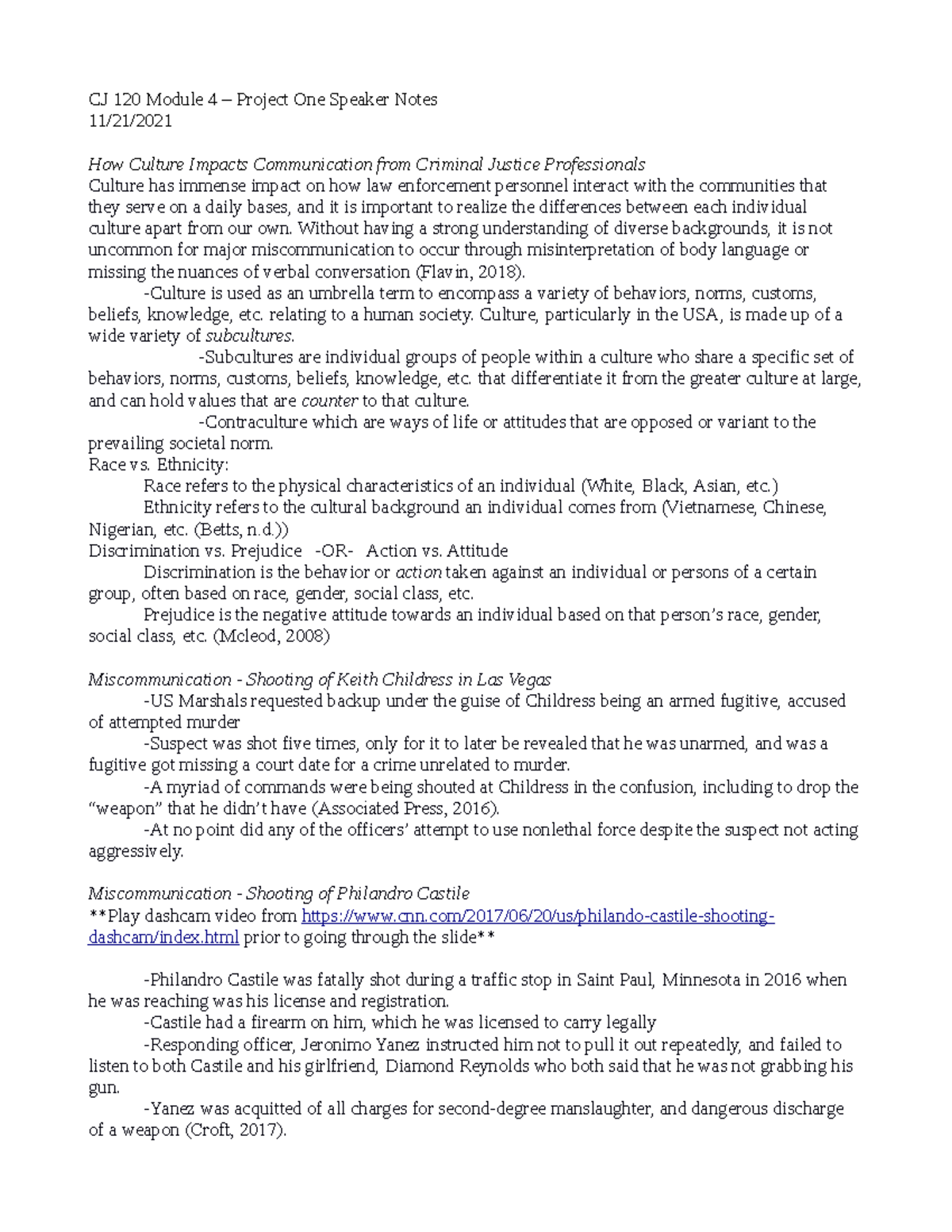 CJ 120 Module 4 - Project One Speaker Notes on Cultural Impact in CJ ...