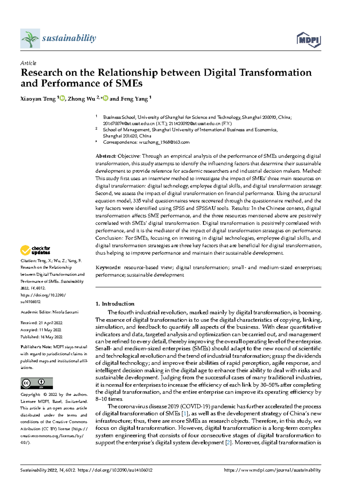 Research on Digital Transformation and SME Performance: A ...