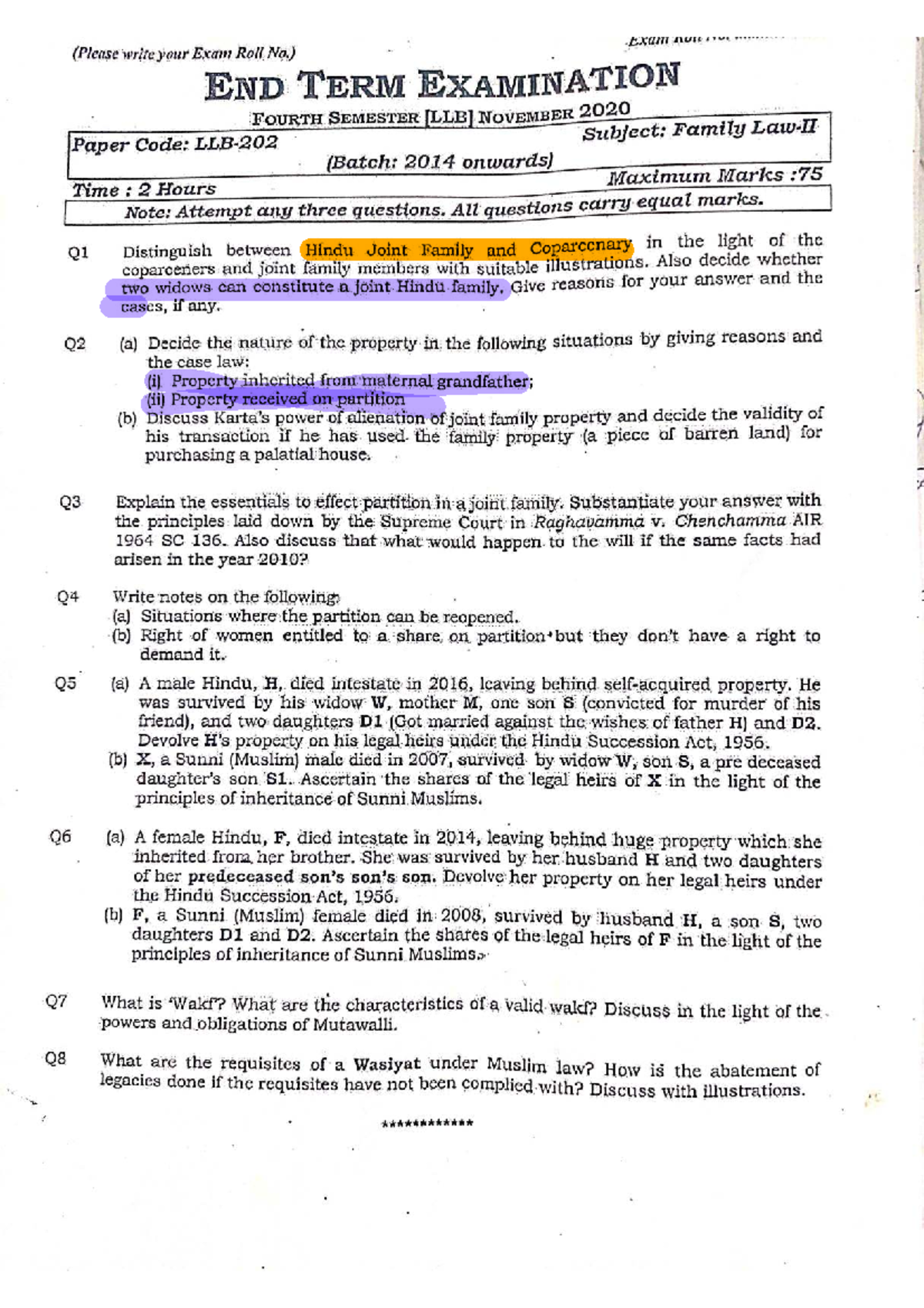 Family Law II: Previous Year Exam Papers and Key Questions - Studocu