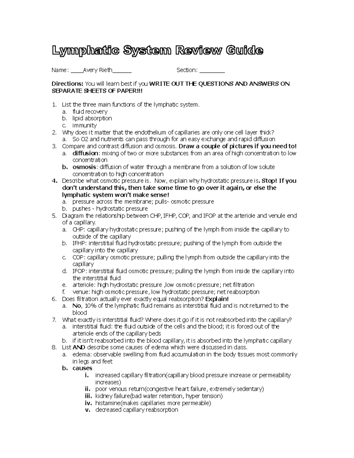 Lymphatic System Review Guide - Name: Avery Rieth__ Section: ________ Directions: You will learn ...