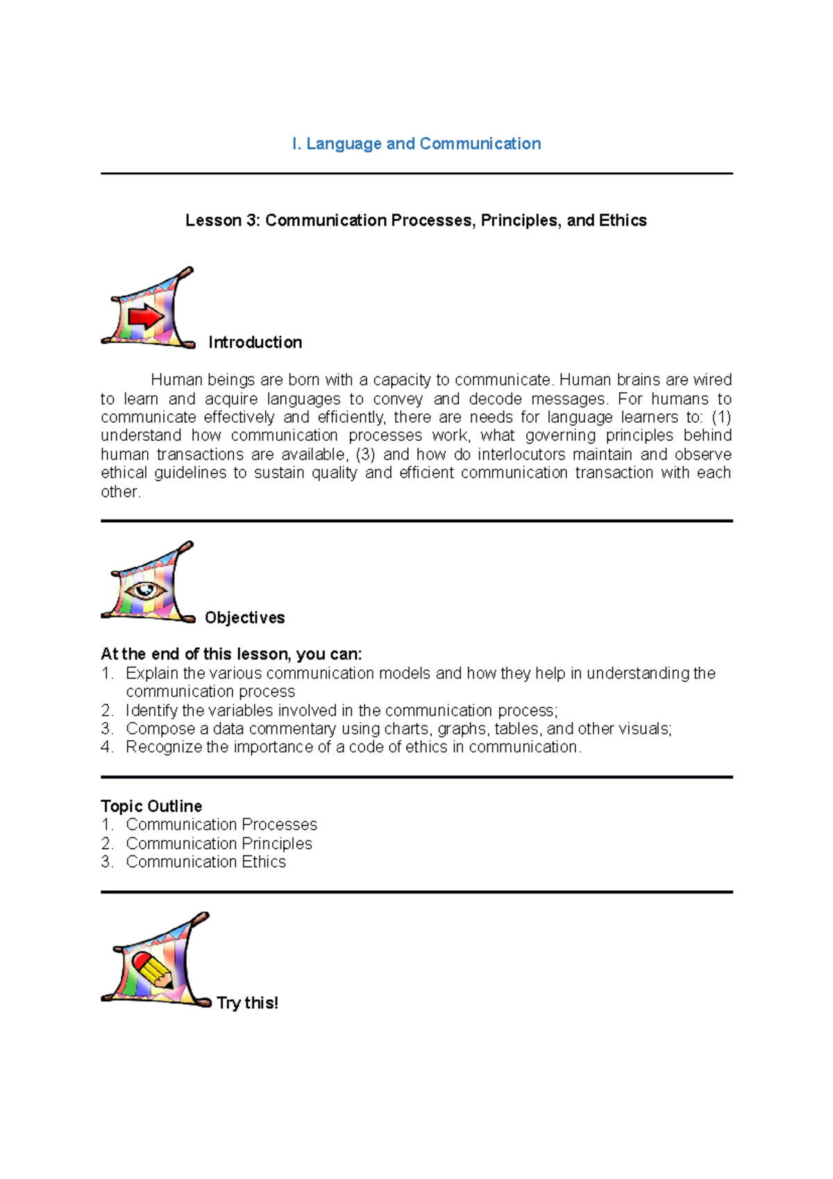 Communication, Process, Principles and Ethics - I. Language and ...