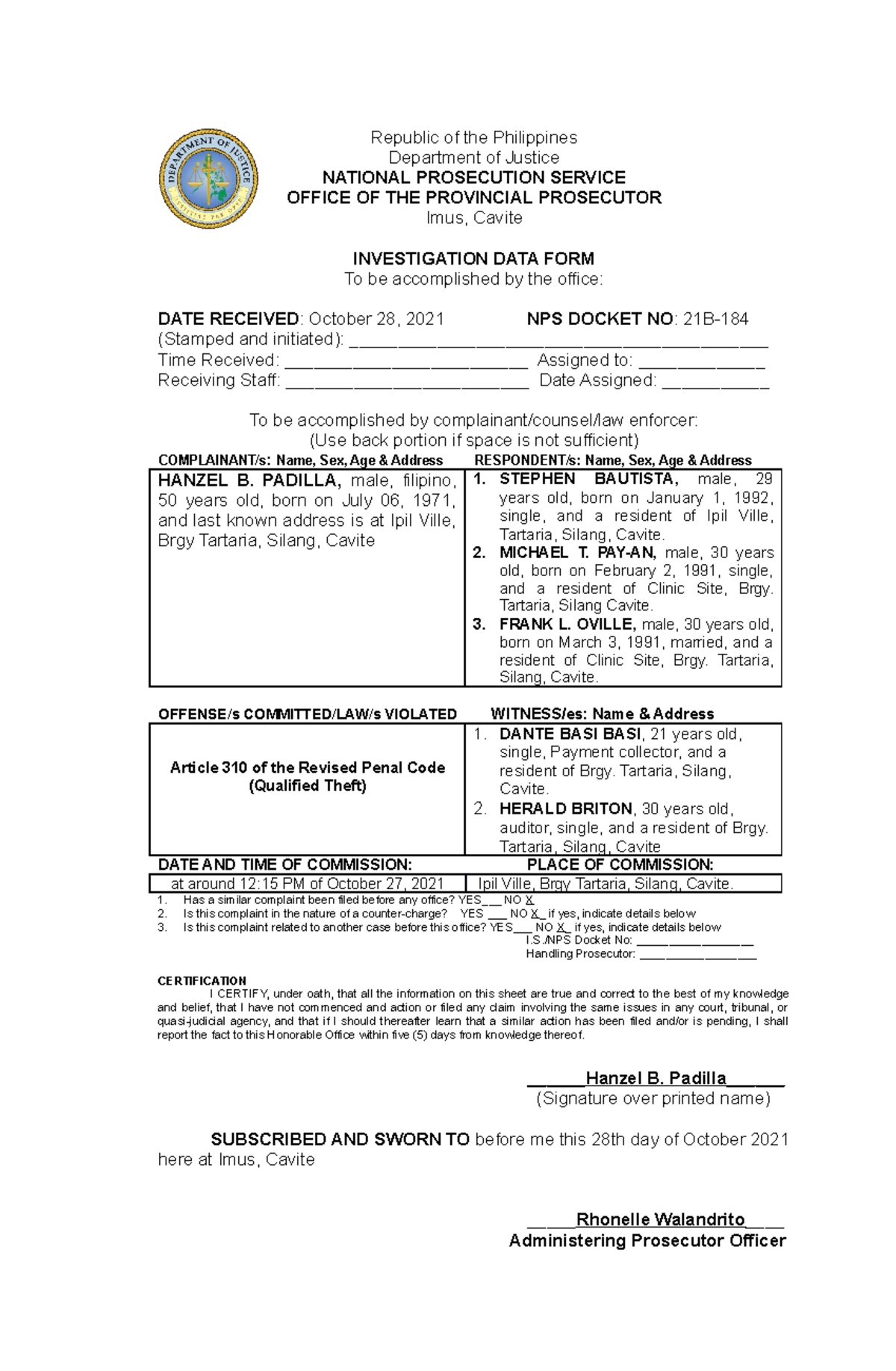 Investigation Data Form - NPS Docket No. 21B- - October 28, 2021 - Studocu