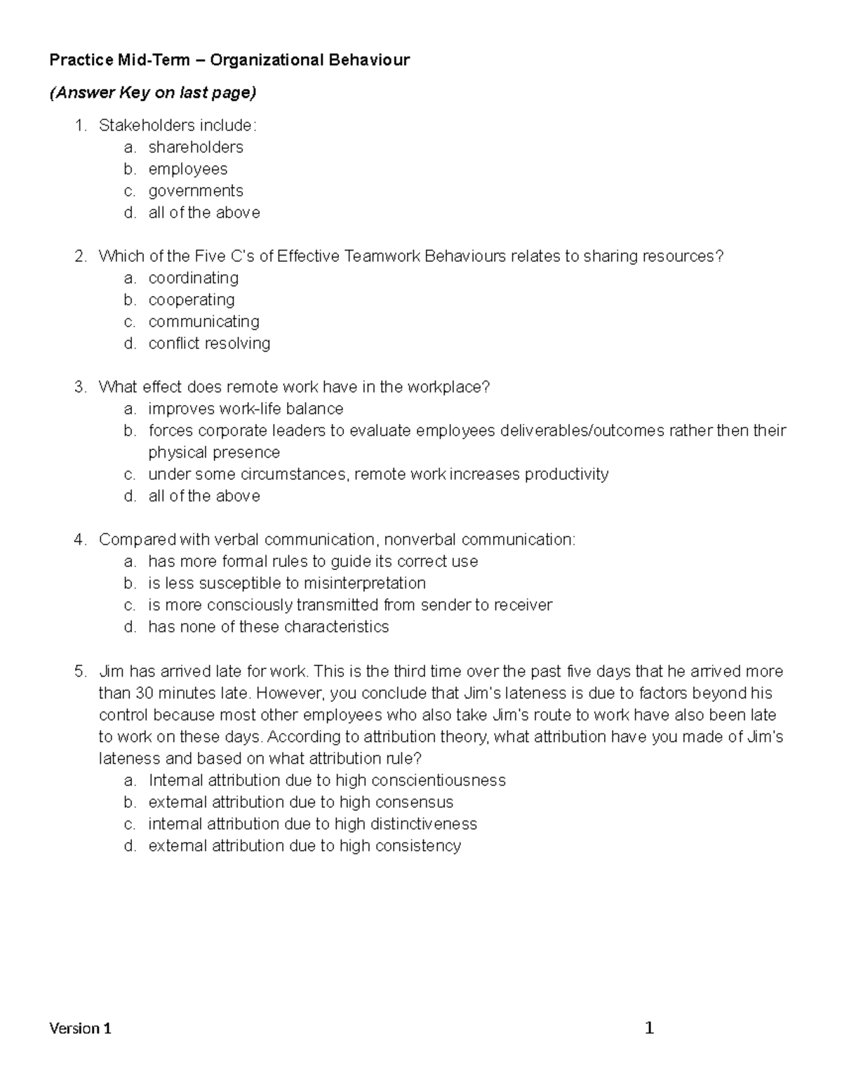 Practice Mid-Term Exam: Organizational Behaviour Answer Key - Studocu