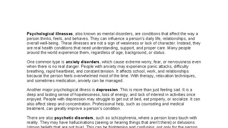 Psychological Illnesses: Understanding Mental Disorders and Care - Studocu