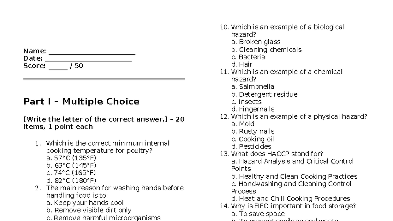 FOOD Safety Quiz Guide - Key Concepts and Practices - Studocu