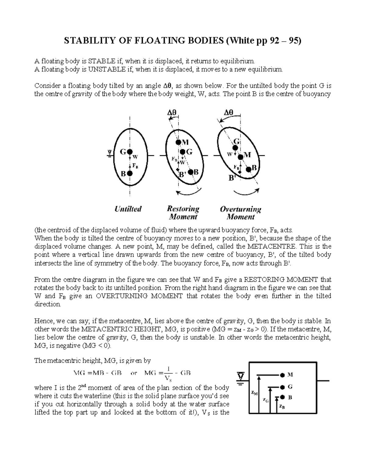 Stability of Floating Bodies: Understanding Metacentric Height - Studocu