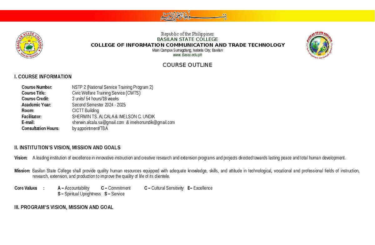 Syllabus for NSTP 2 (Civic Welfare Training Service) - 2nd Sem 2024 ...