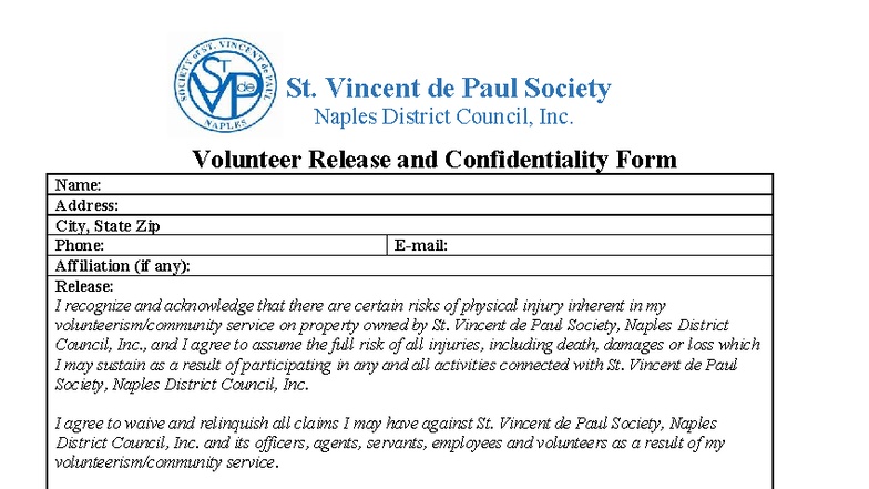 Volunteer Release & Confidentiality Form - St. Vincent de Paul Society ...
