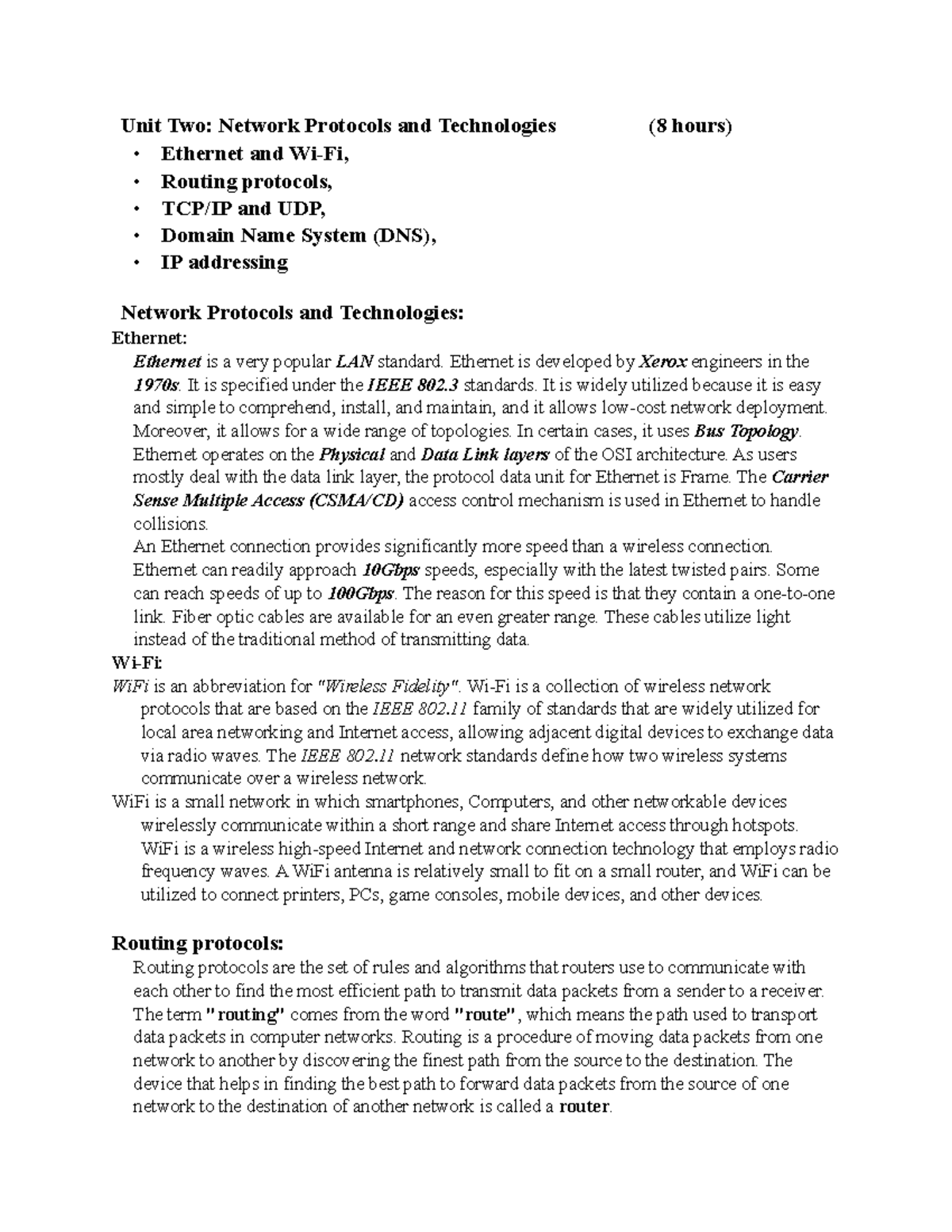 Unit 2: Network Protocols & Technologies - Ethernet, Routing, & DNS - Studocu