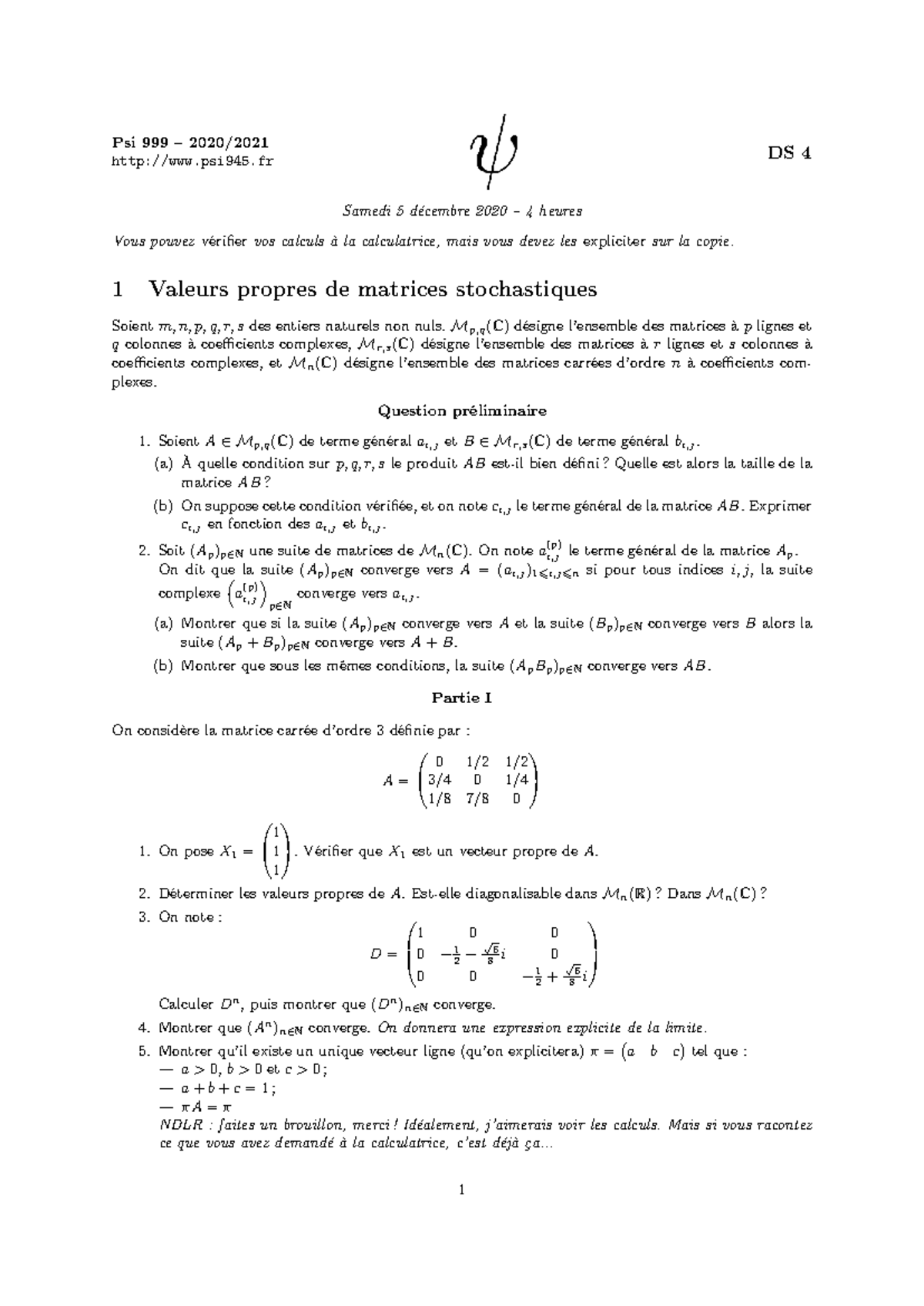 Psi DS 4 - Valeurs Propres et Matrices Stochastiques - 2021 - Studocu