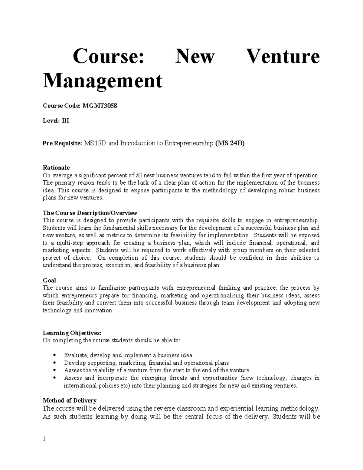 MGMT3058: New Management Venture Course Outline and Objectives - Studocu