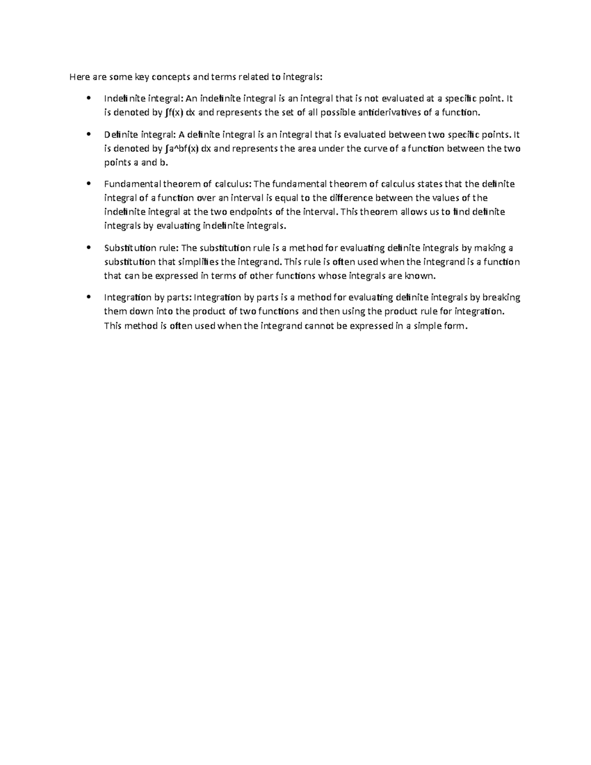 Notes 2 - Integrals - Here are some key concepts and terms related to ...