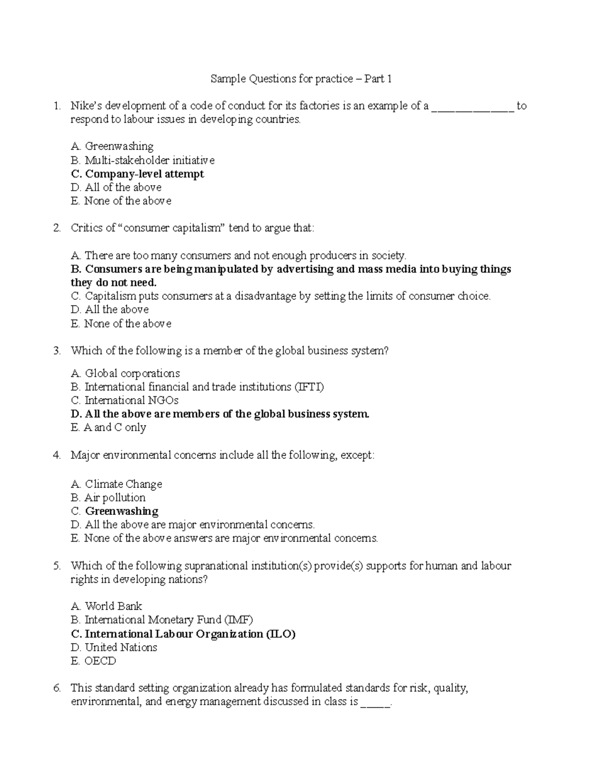 Sample Questions for Quiz 2: Global Business & Sustainability Issues ...